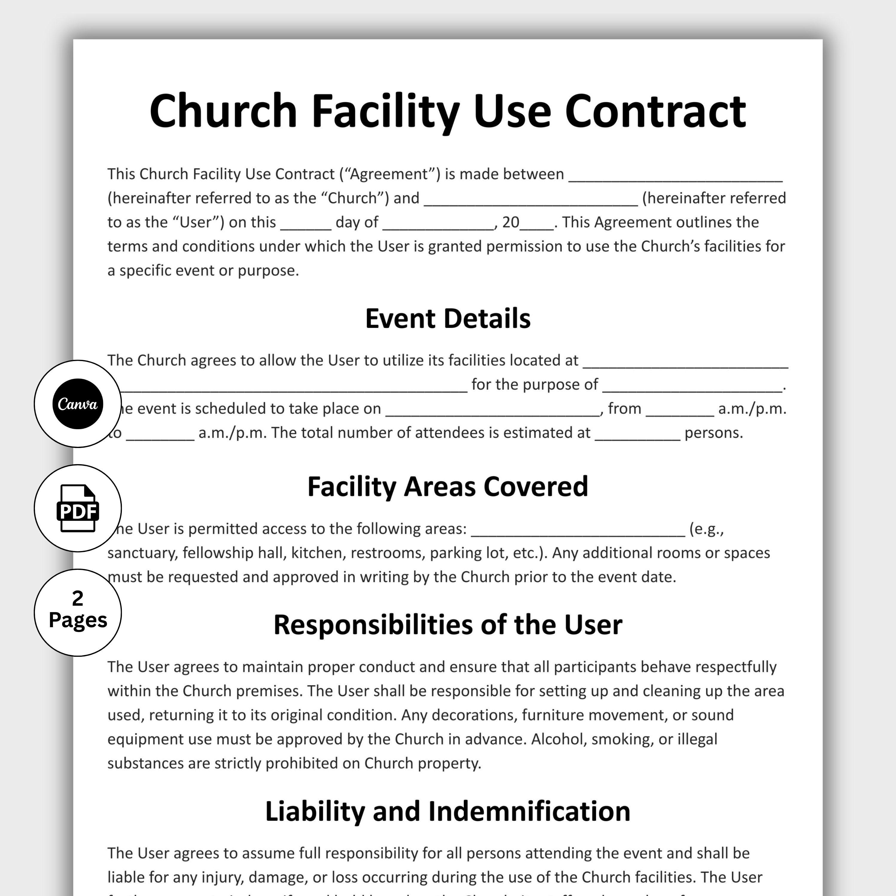 Church Facility Use Contract, Customizable Church Rental Agreement for ...