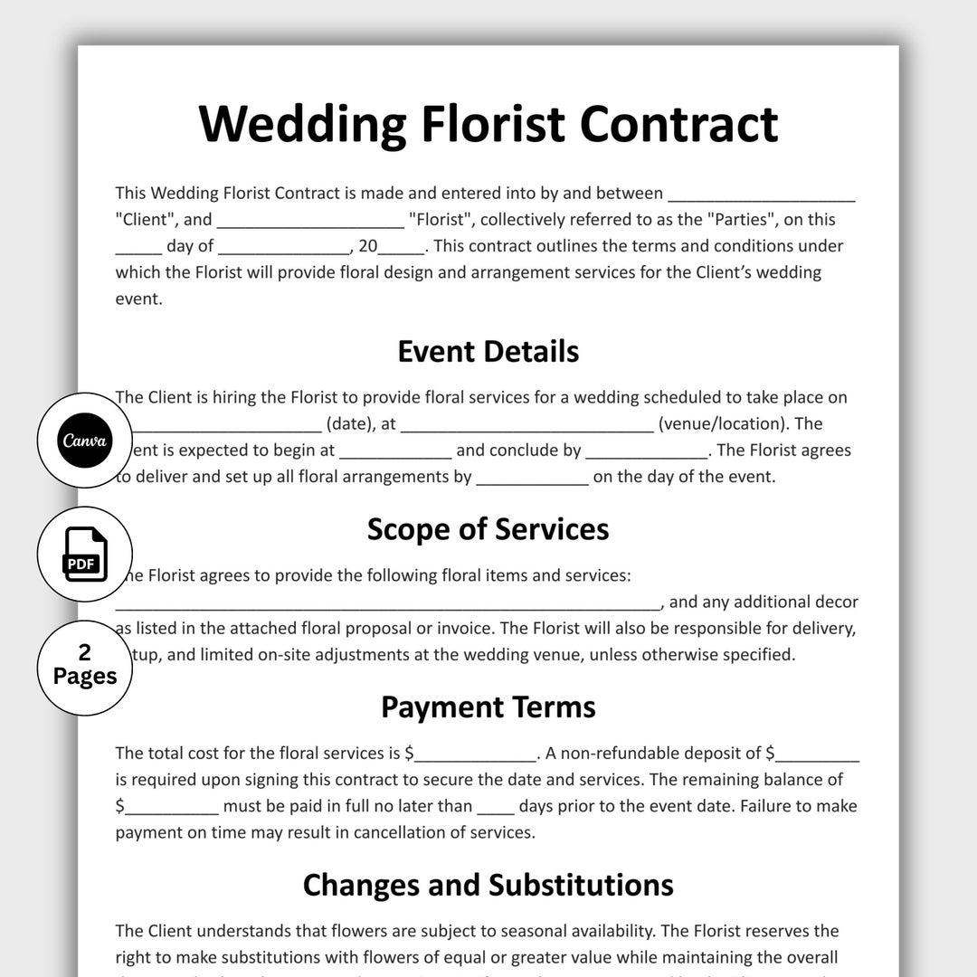 Wedding Florist Contract, Customizable Event Decor Floral Agreement ...