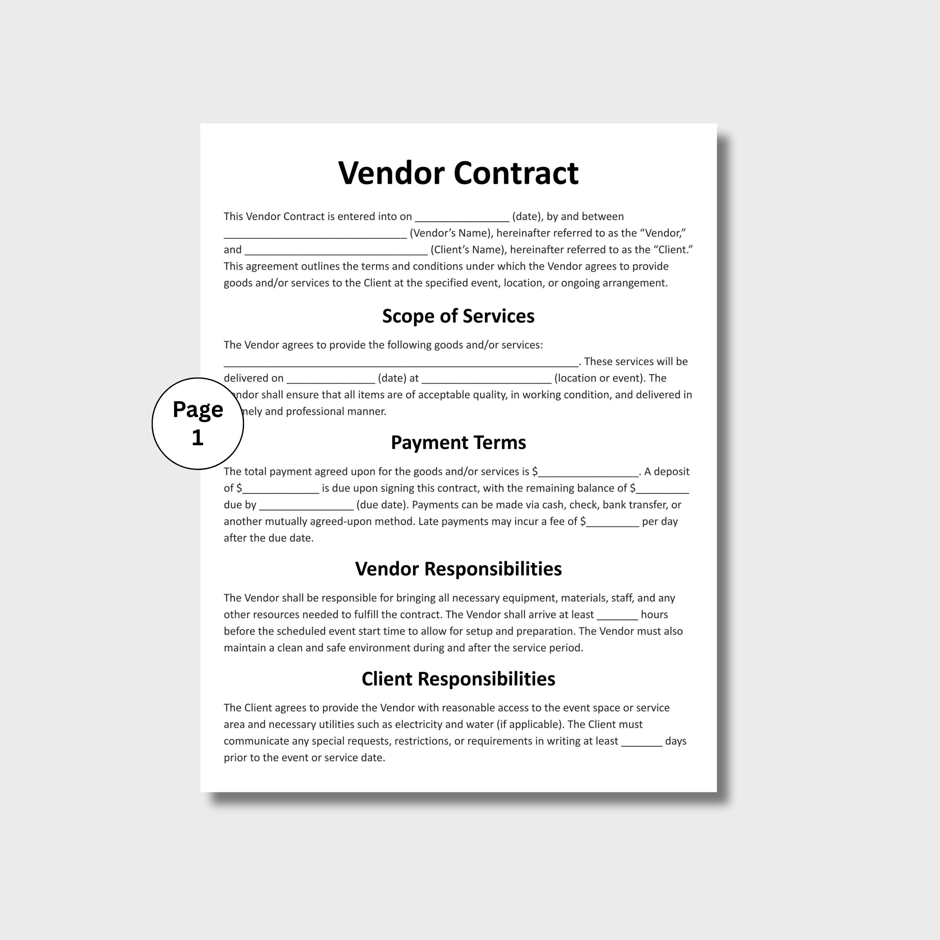 Vendor Contract, Customizable Catering Vendor Form, Printable Event ...