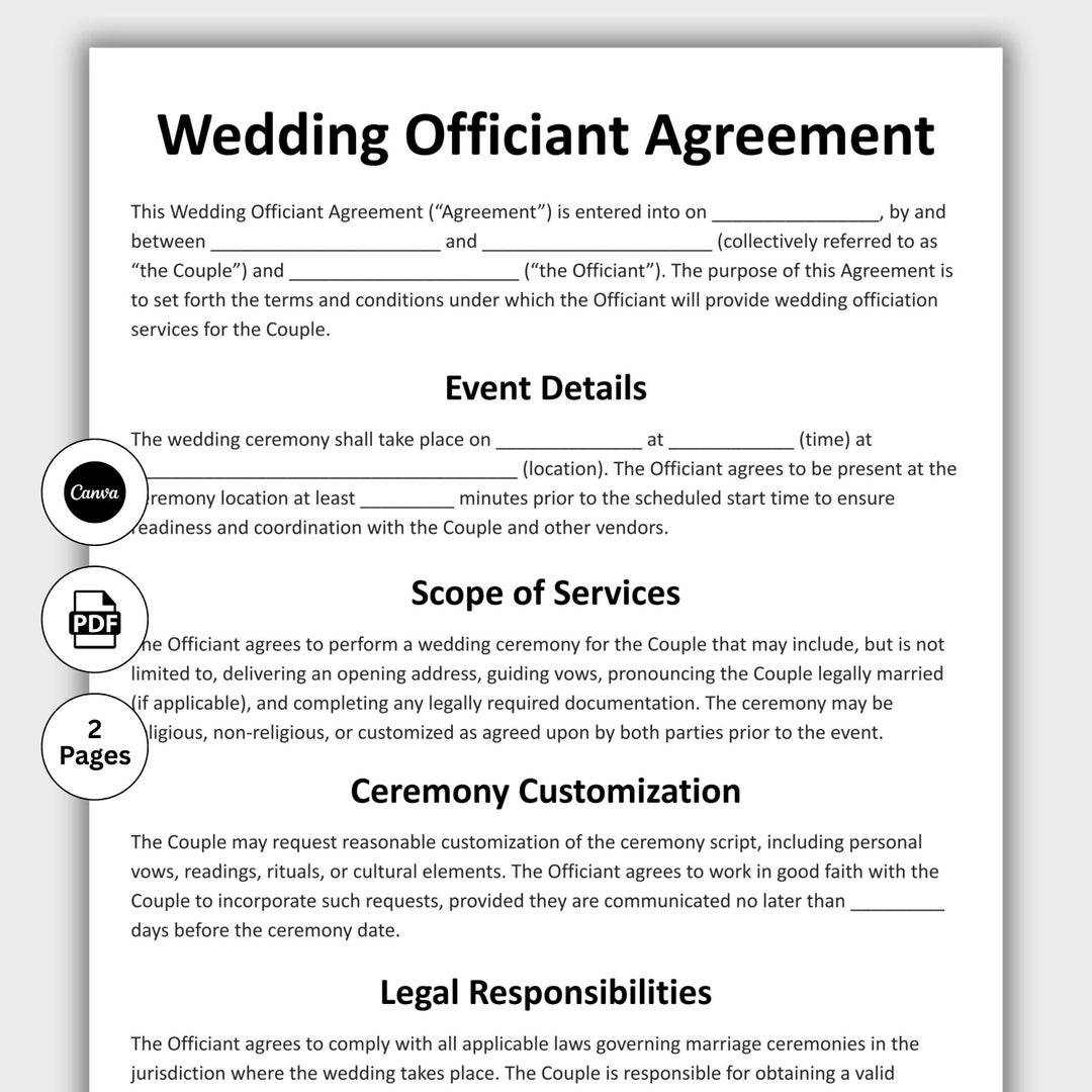 Wedding Officiant Agreement, Customizable Contract for Wedding ...