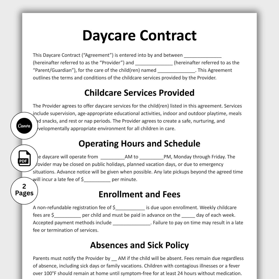 Daycare Contract, Customizable Daycare Form Template, Printable Daycare ...
