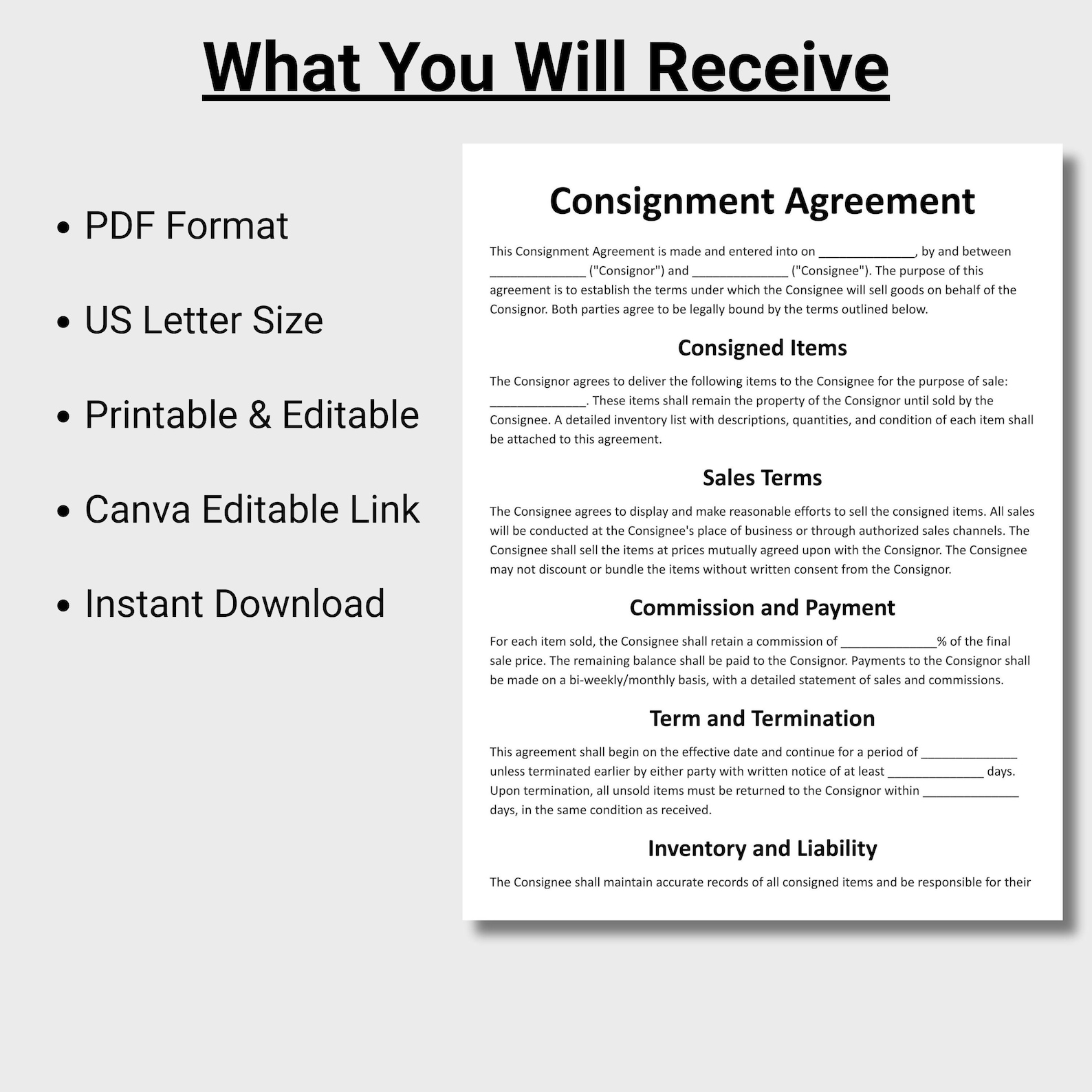 Consignment Agreement, Customizable Consignment Contract Form Template ...
