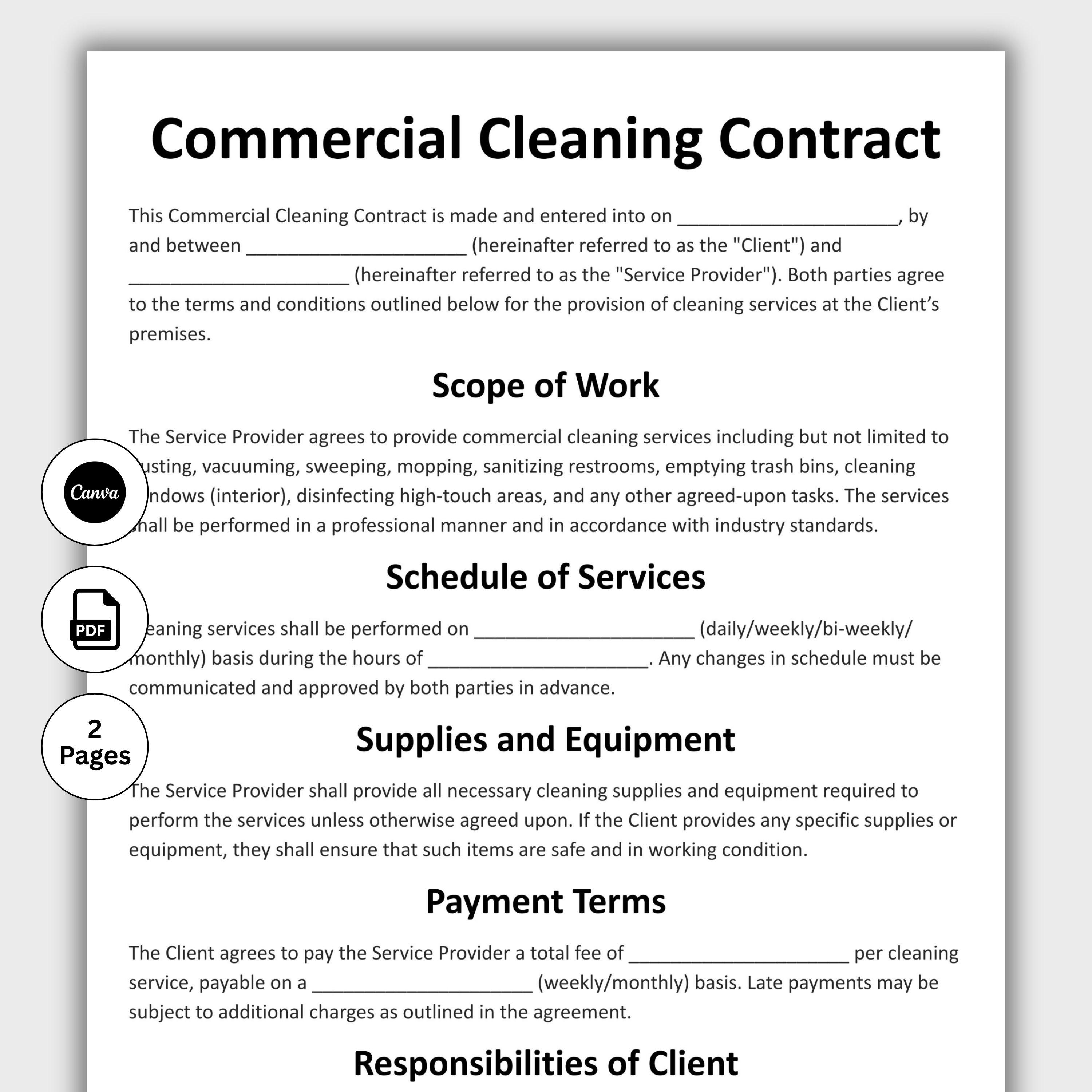 Commercial Cleaning Contract, Customizable Cleaning Agreement Form ...