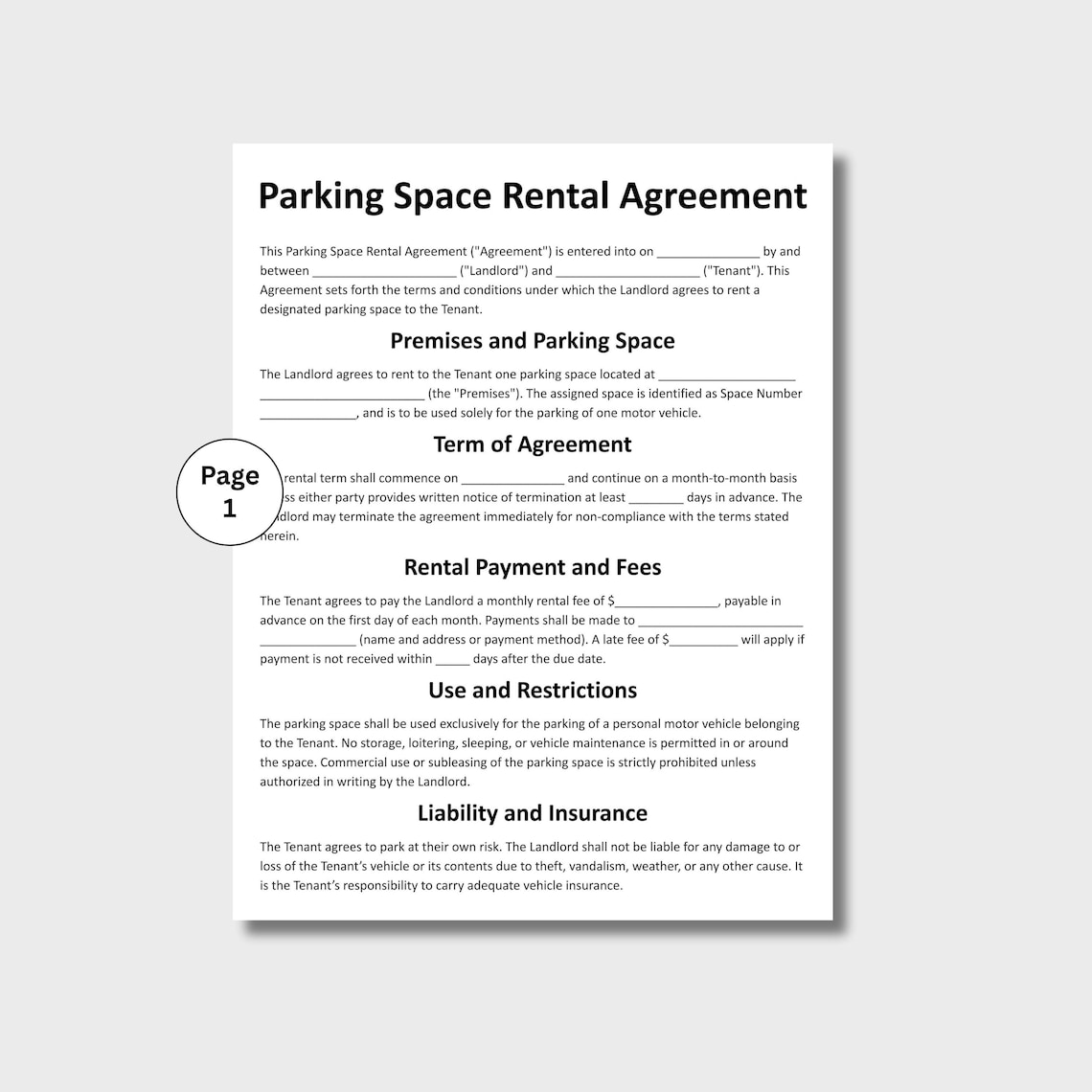 Parking Space Rental Agreement, Customizable Lease Contract Form ...