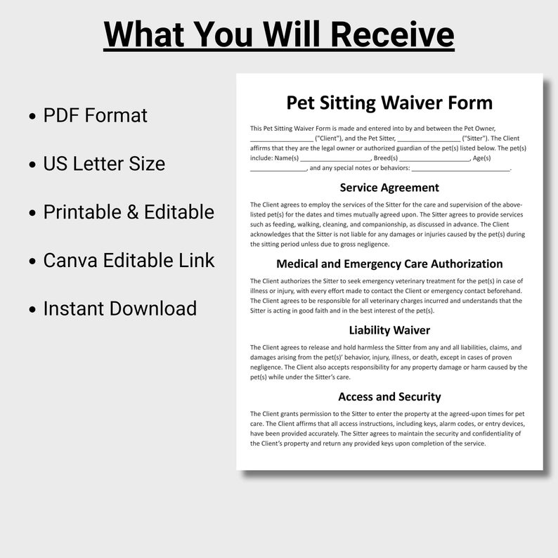 Pet Sitting Waiver Form, Customizable Pet Sitting Release Template, Printable Dog Walking and ...