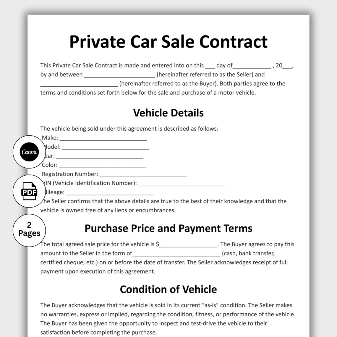 Private Car Sale Contract, Customizable Vehicle Bill of Sale Agreement ...