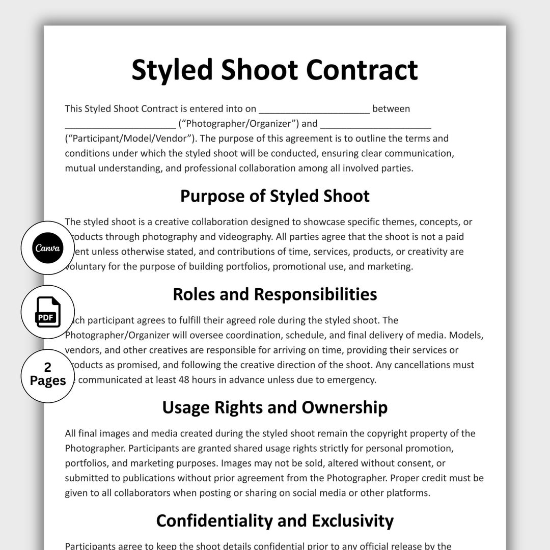 Styled Shoot Contract, Customizable Shoot Agreement Template, Printable ...