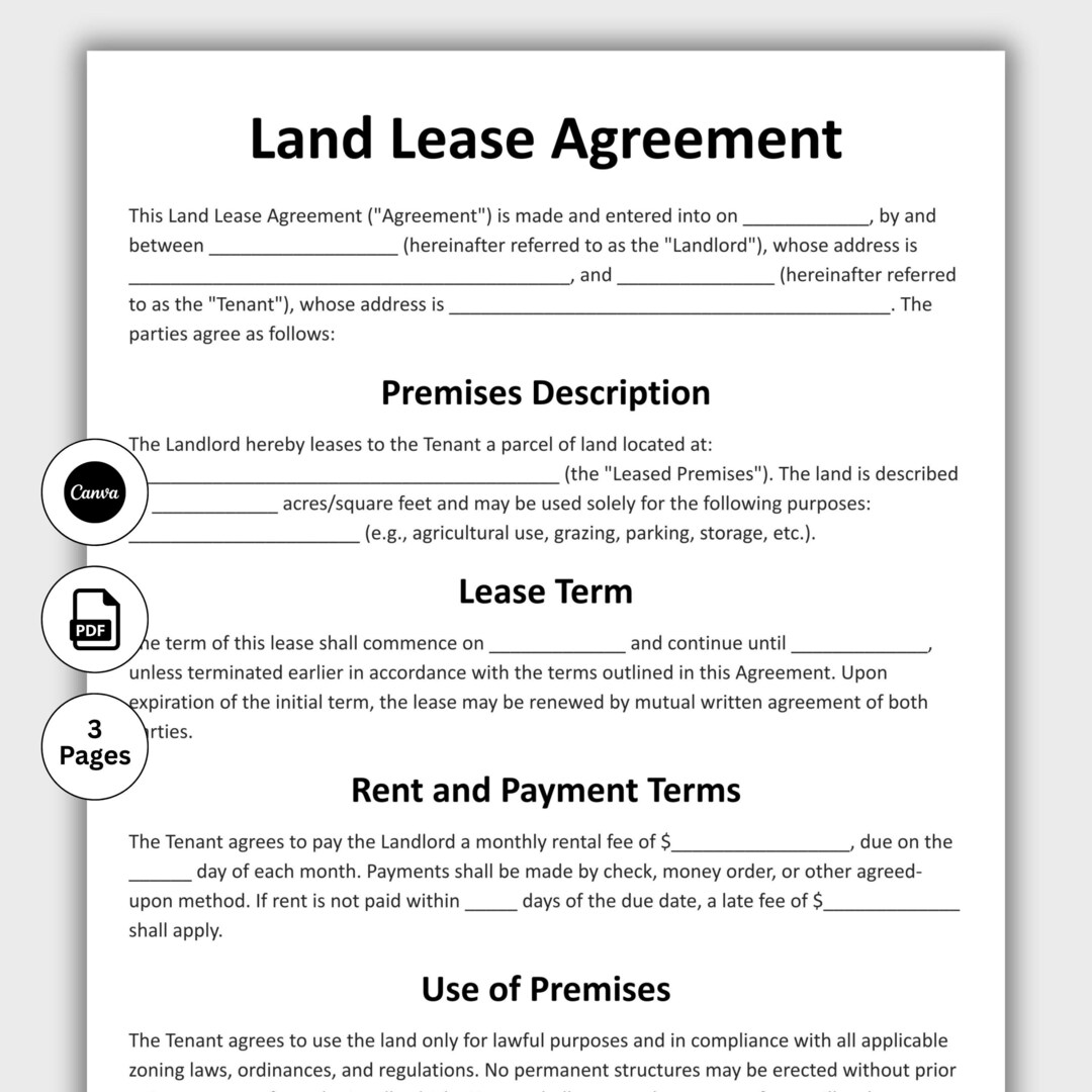 Land Lease Agreement, Customizable Land Rental Contract Form Template ...