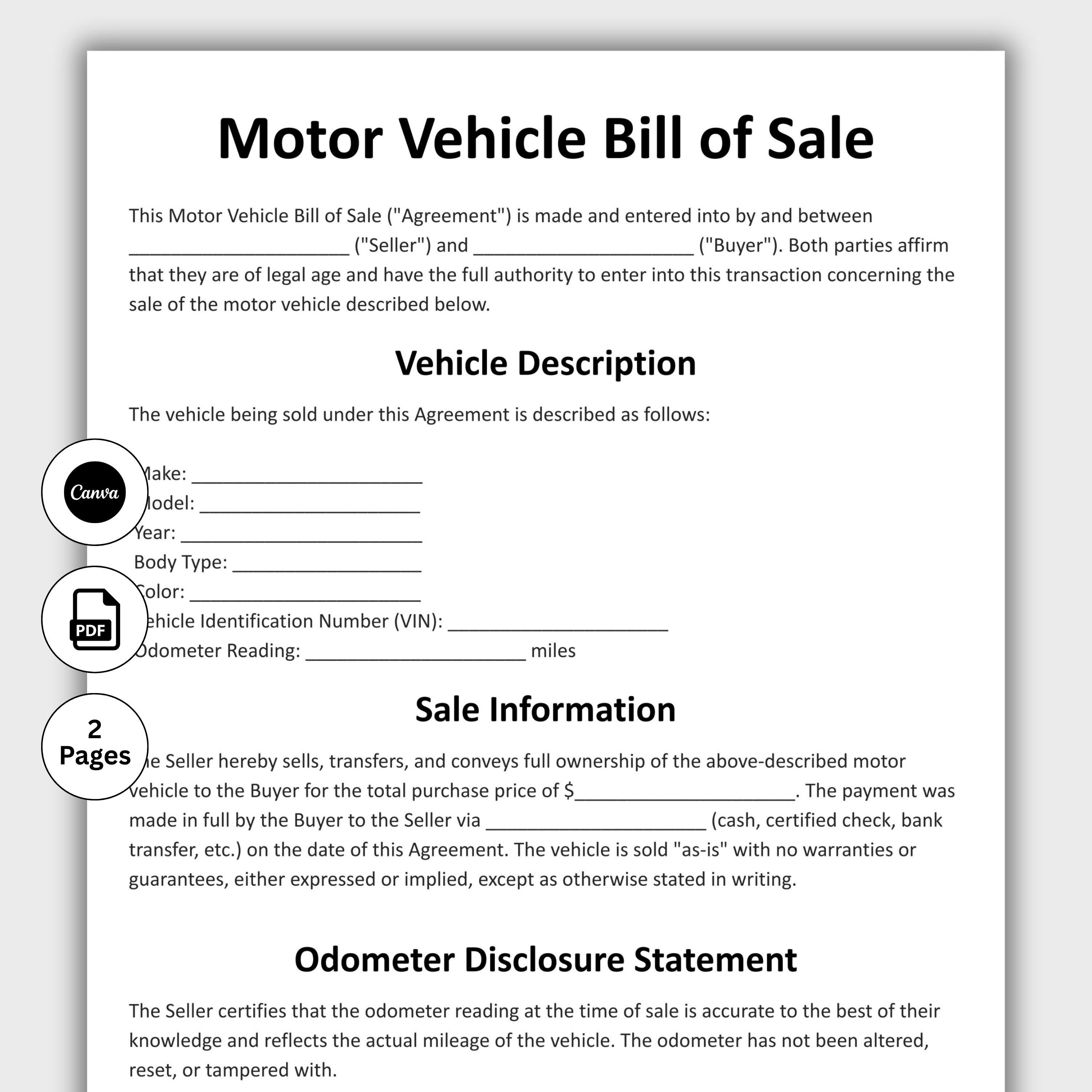 Motor Vehicle Bill of Sale, Customizable Car Sale Form Template ...