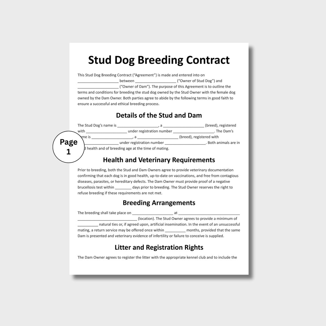 Stud Dog Breeding Contract, Customizable Canine Stud Dog Form Template ...