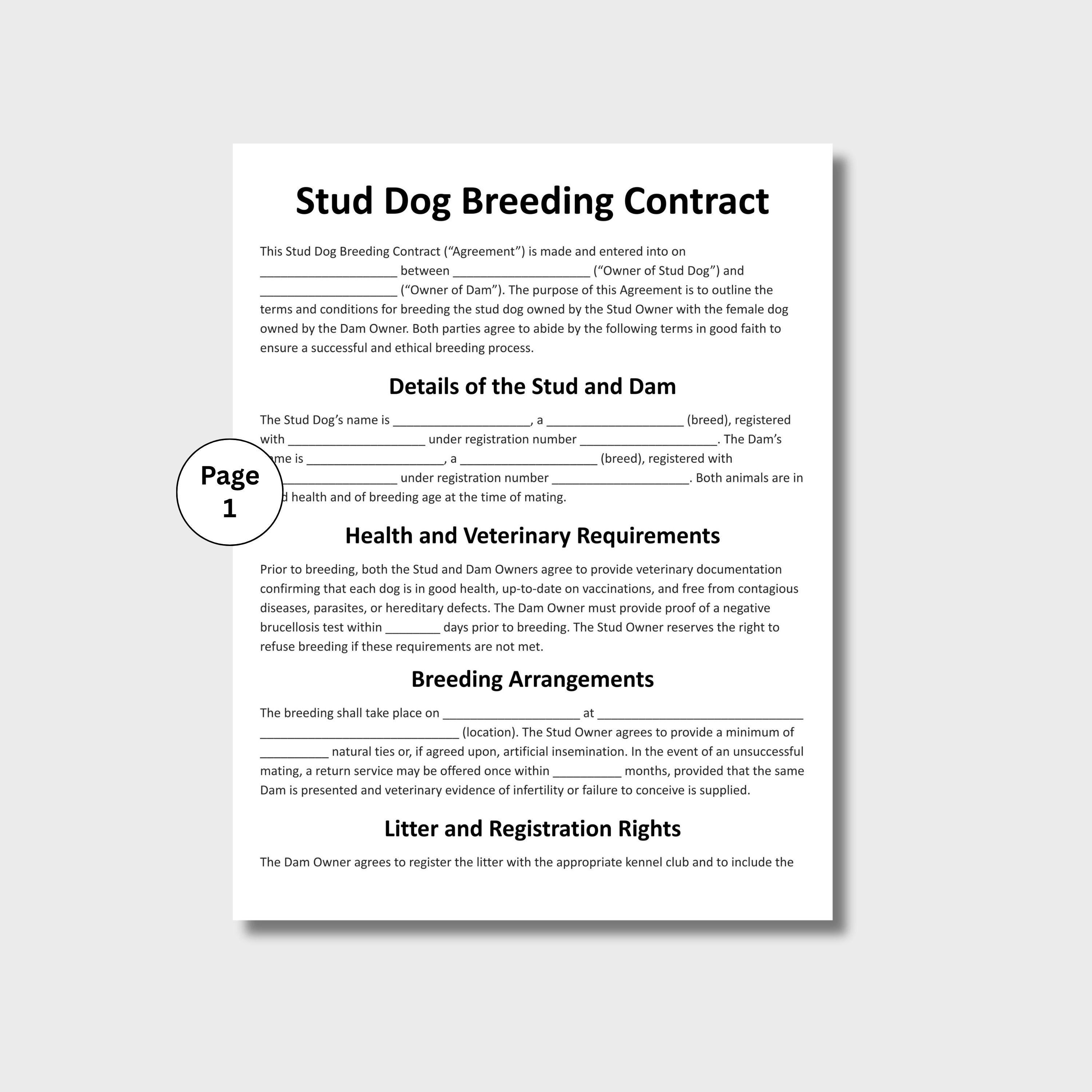 Stud Dog Breeding Contract, Customizable Canine Stud Dog Form Template ...