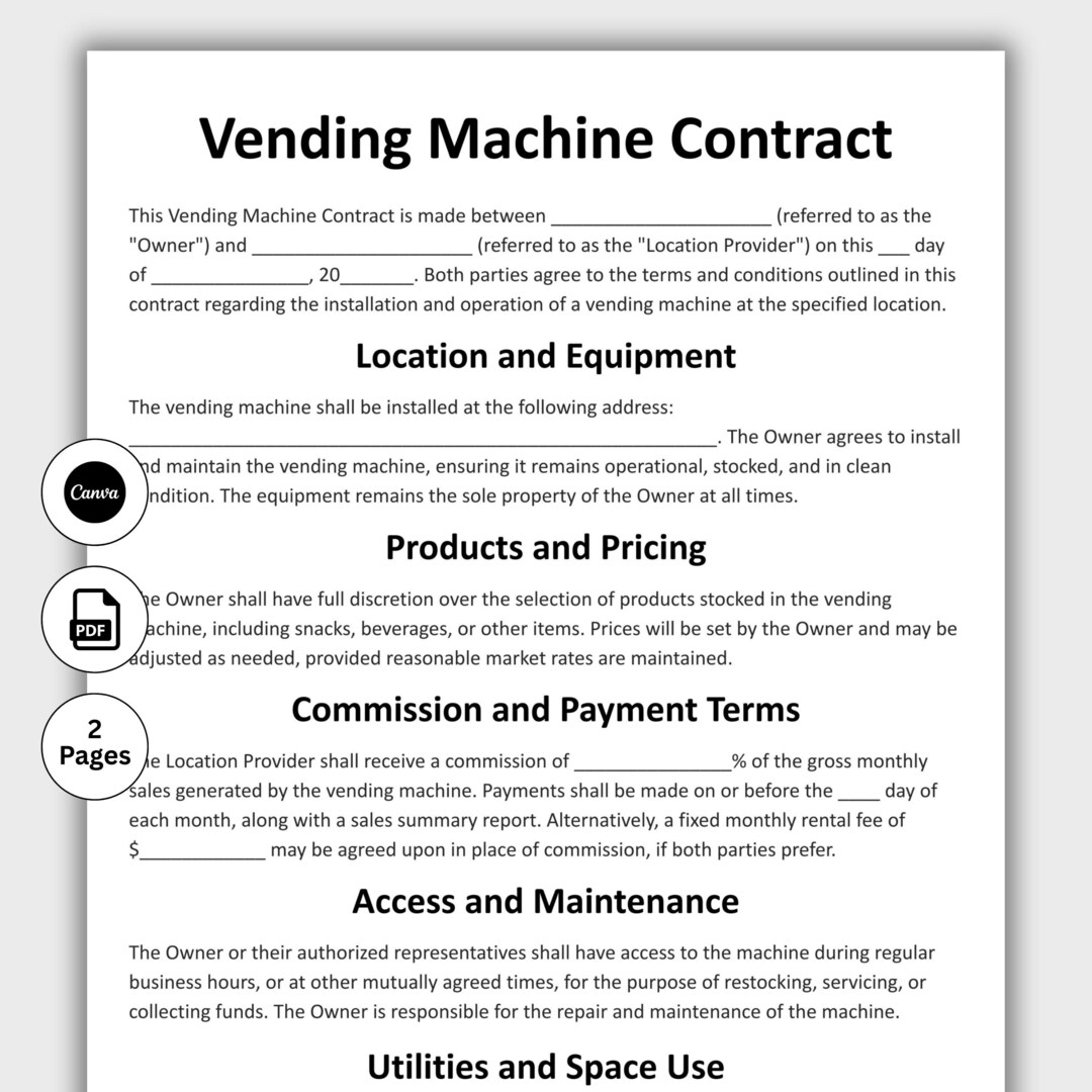 Vending Machine Contract, Customizable Vending Rental Form Template ...