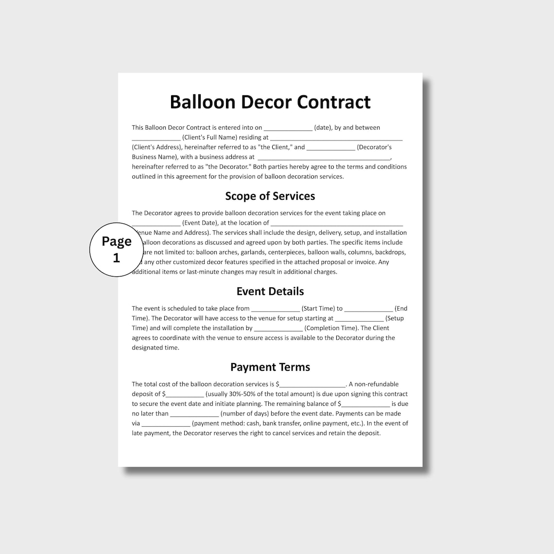 Balloon Decor Contract, Customizable Balloon Artist Service Agreement ...