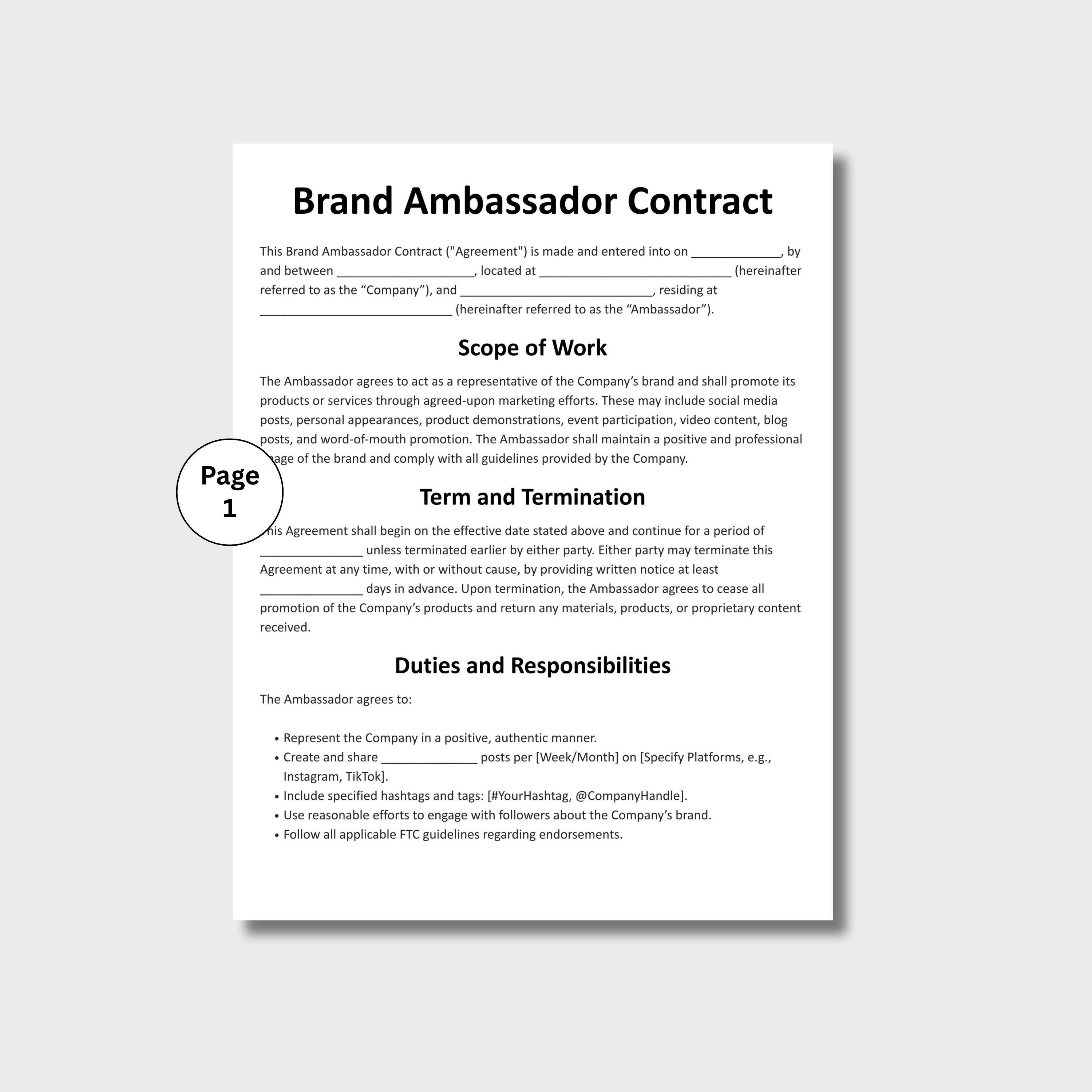 Brand Ambassador Contract, Customizable Social Media Agreement Form ...
