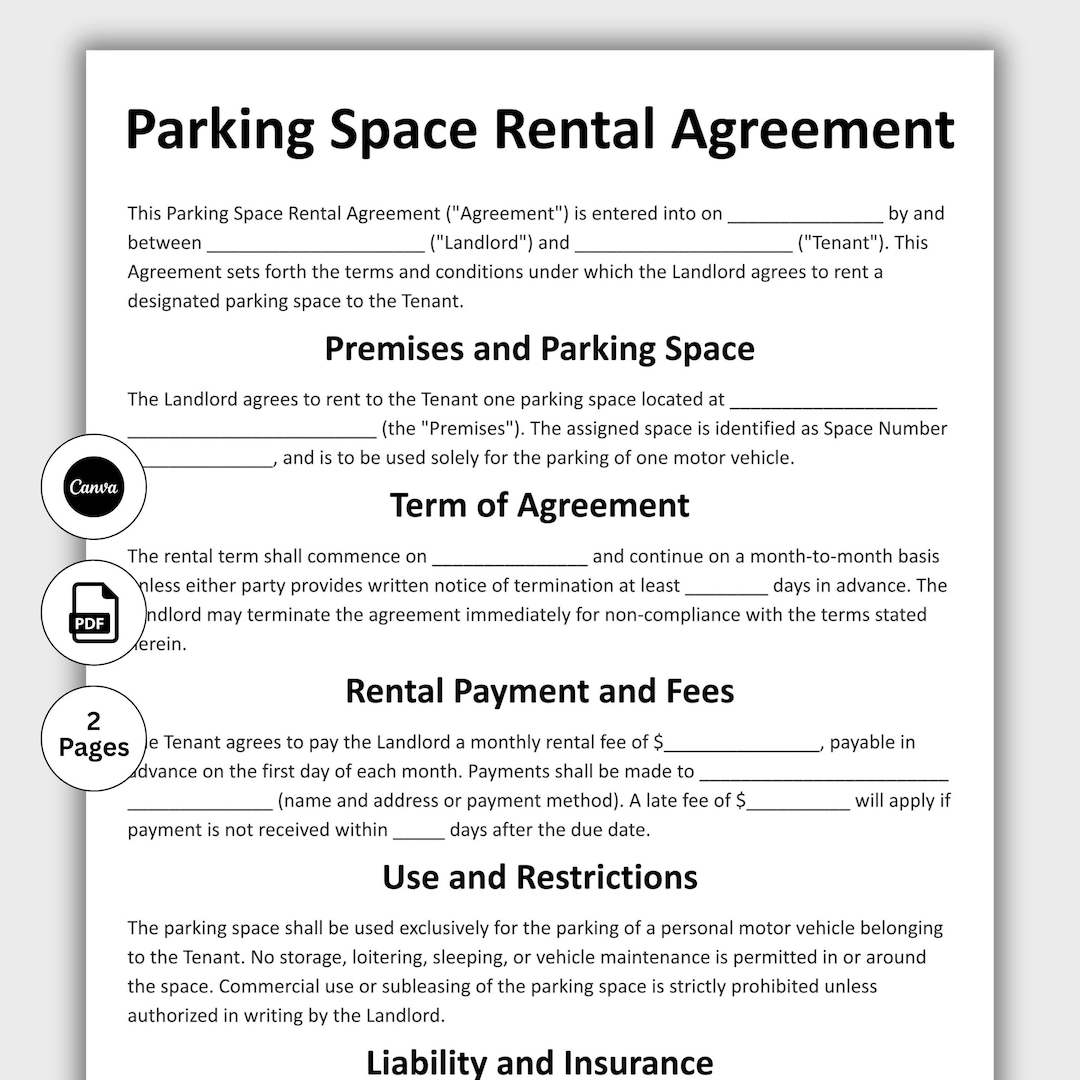 Parking Space Rental Agreement, Customizable Lease Contract Form ...
