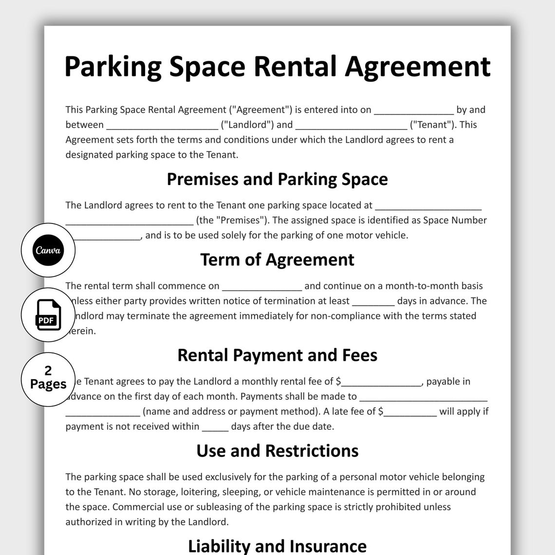 Parking Space Rental Agreement, Customizable Lease Contract Form ...