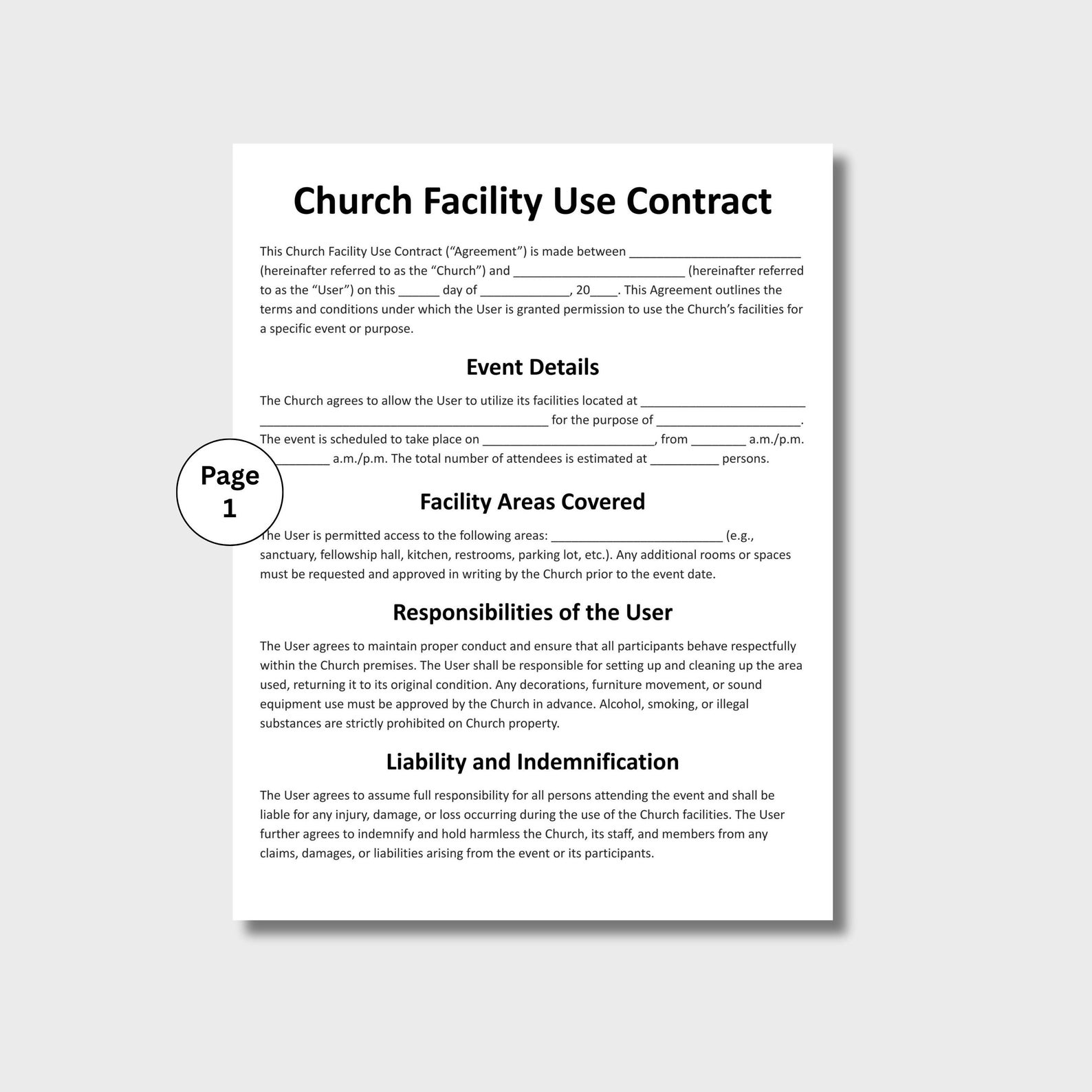 Church Facility Use Contract, Customizable Church Rental Agreement for ...