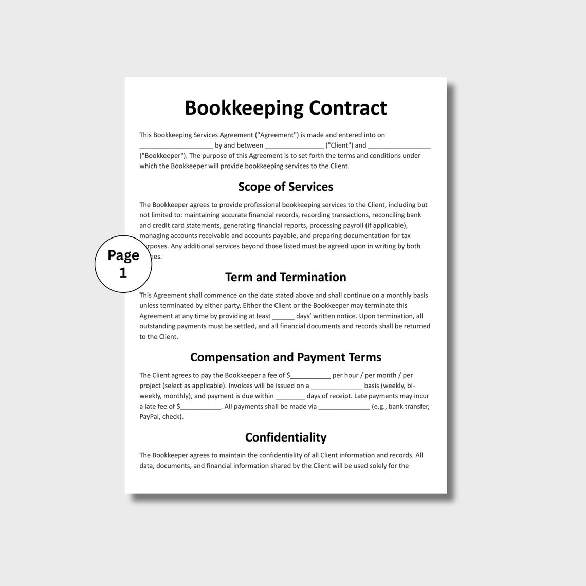 Bookkeeping Contract, Customizable Freelance Bookkeeper Form Template ...