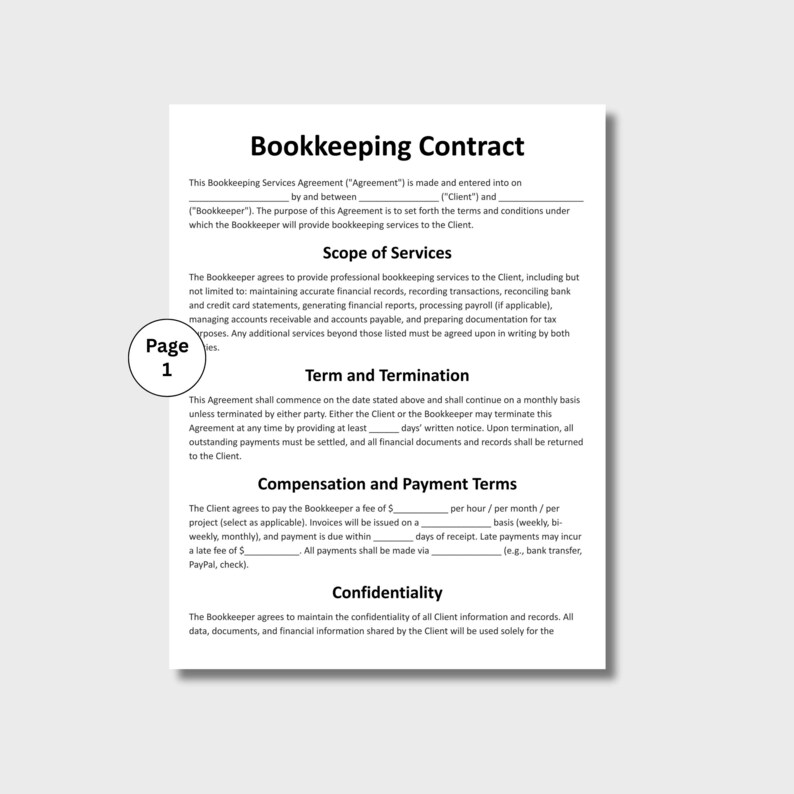 Bookkeeping Contract, Customizable Freelance Bookkeeper Form Template ...