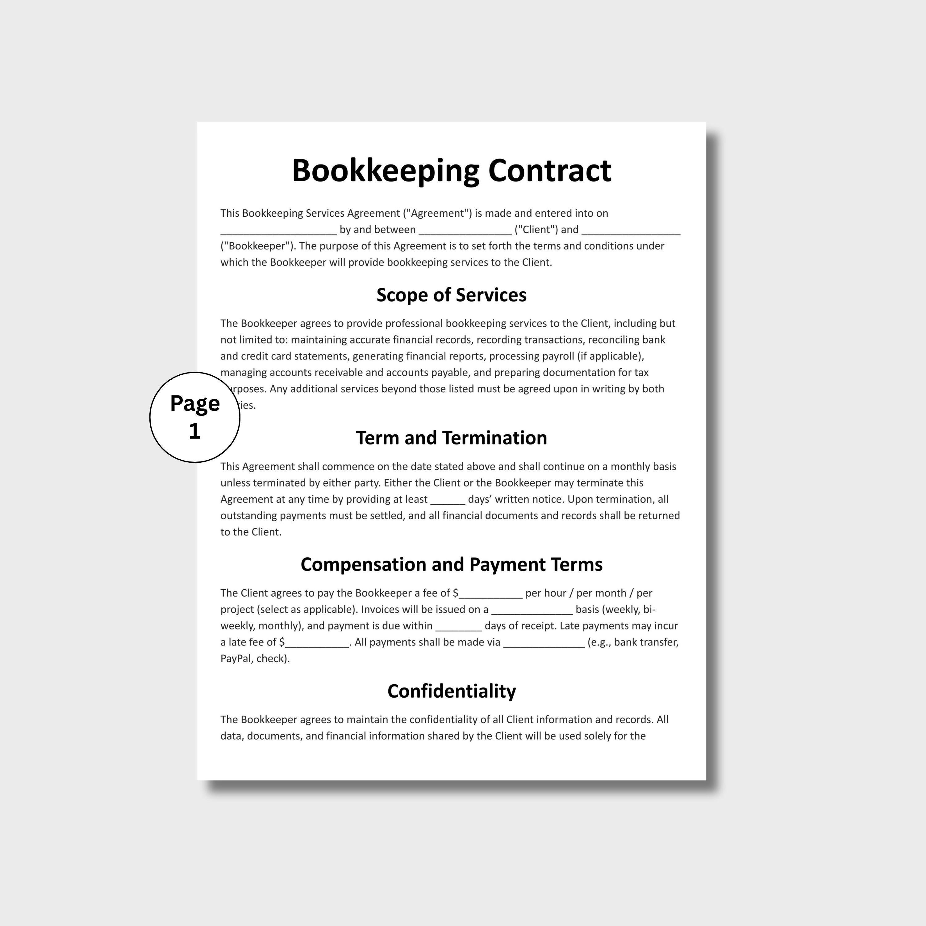 Bookkeeping Contract, Customizable Freelance Bookkeeper Form Template ...