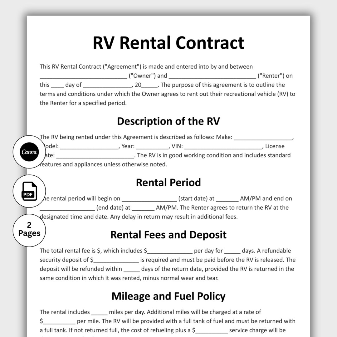 RV Rental Agreement, Customizable Motorhome Contract Form Template ...