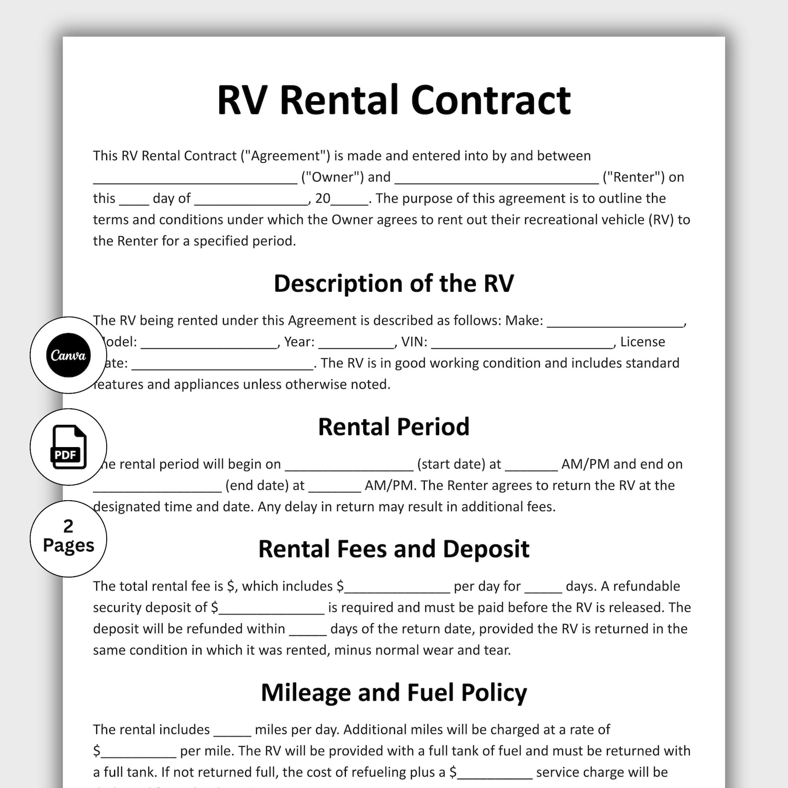 RV Rental Agreement, Customizable Motorhome Contract Form Template ...