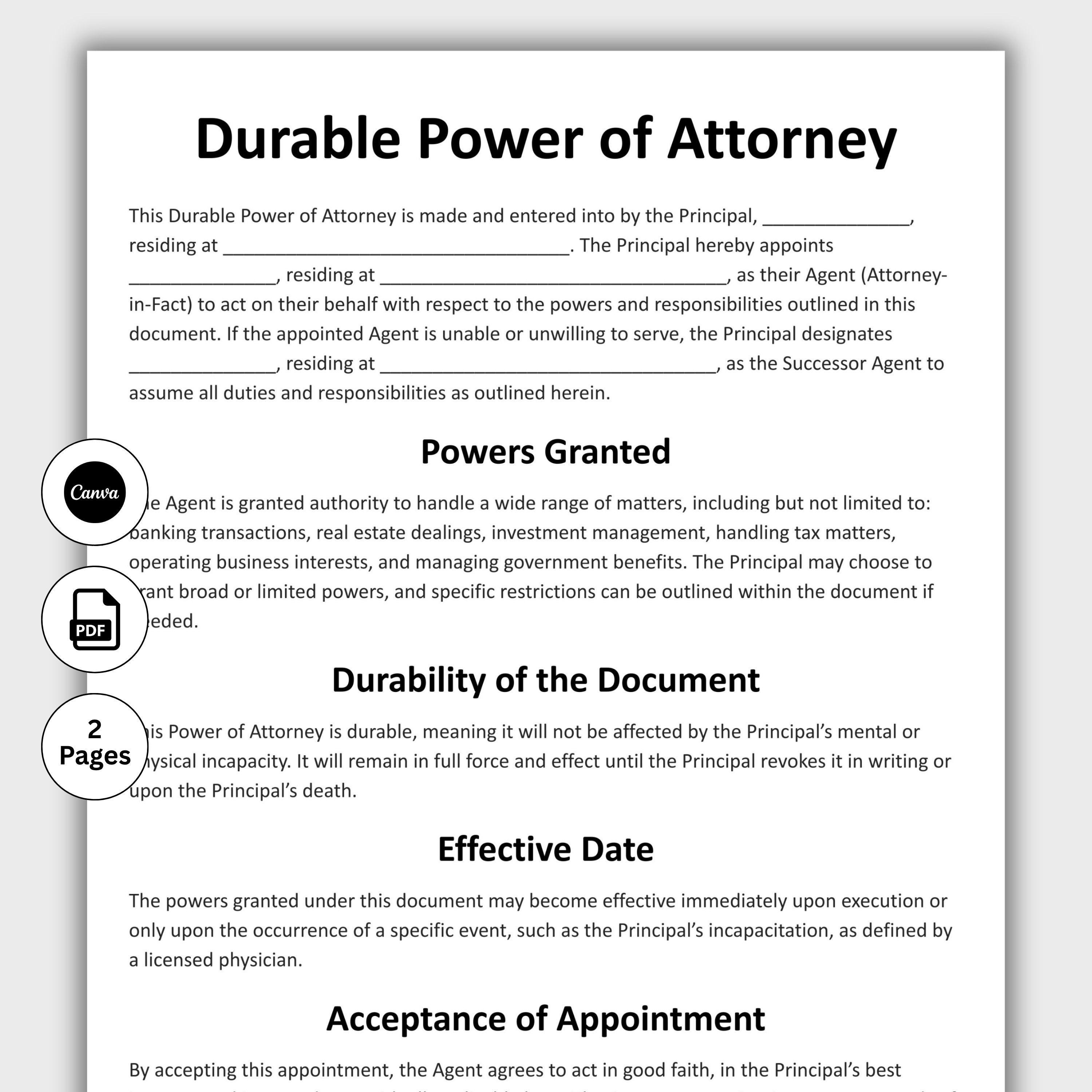 Durable Power of Attorney, Customizable POA Form Template, Printable ...