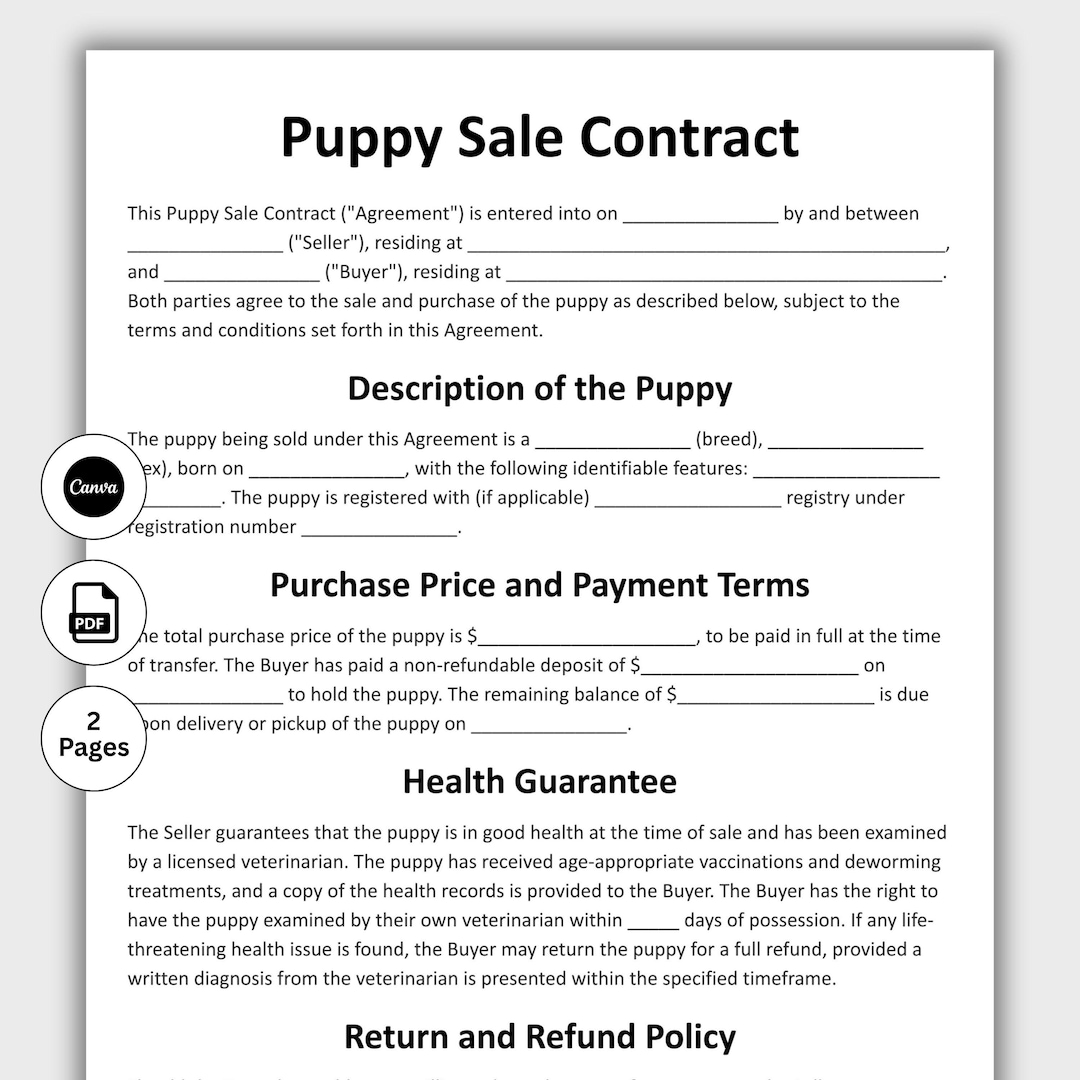 Puppy Sales Contract, Customizable Dog Sale Agreement Form Template ...