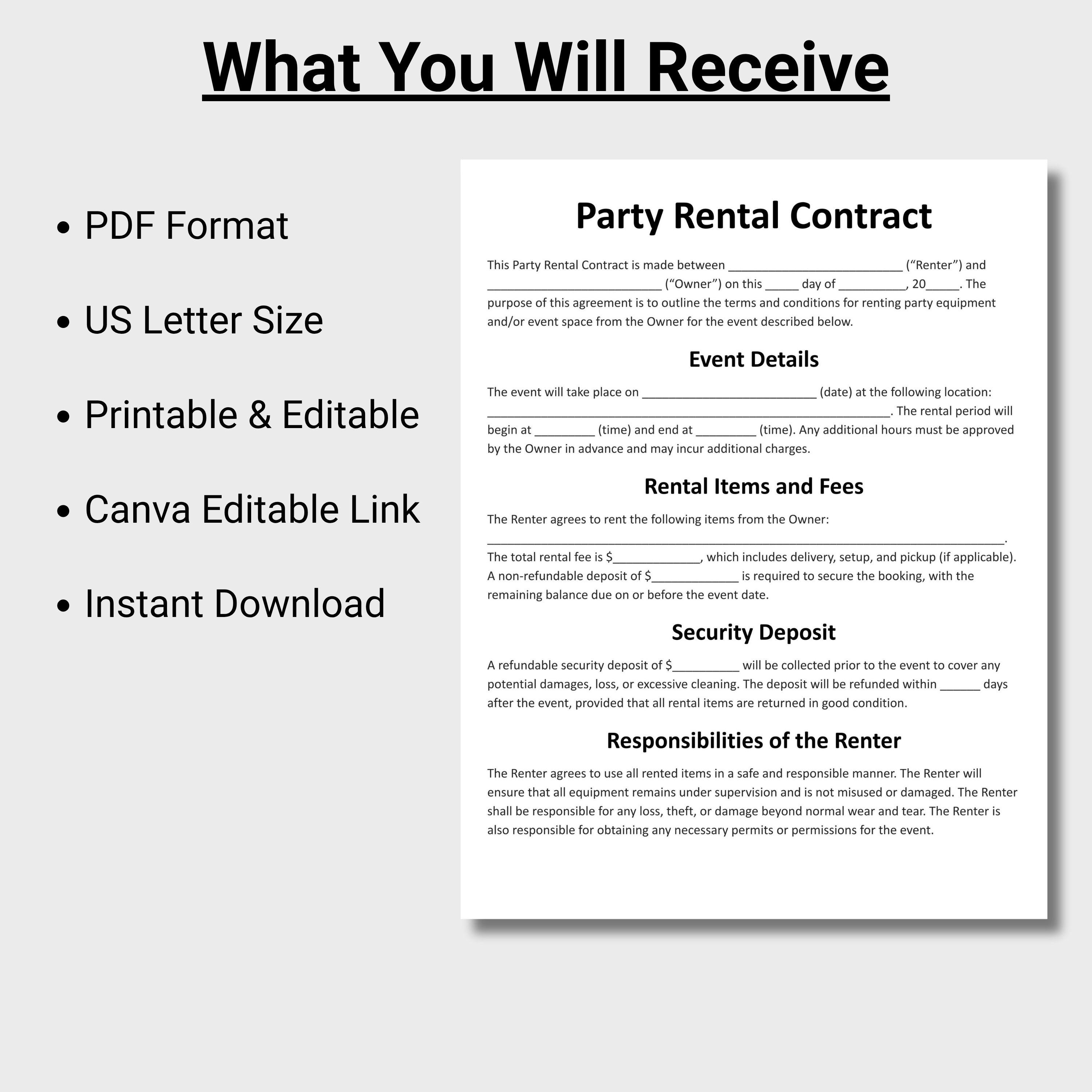 Party Rental Contract, Customizable Party Rental Agreement Form ...