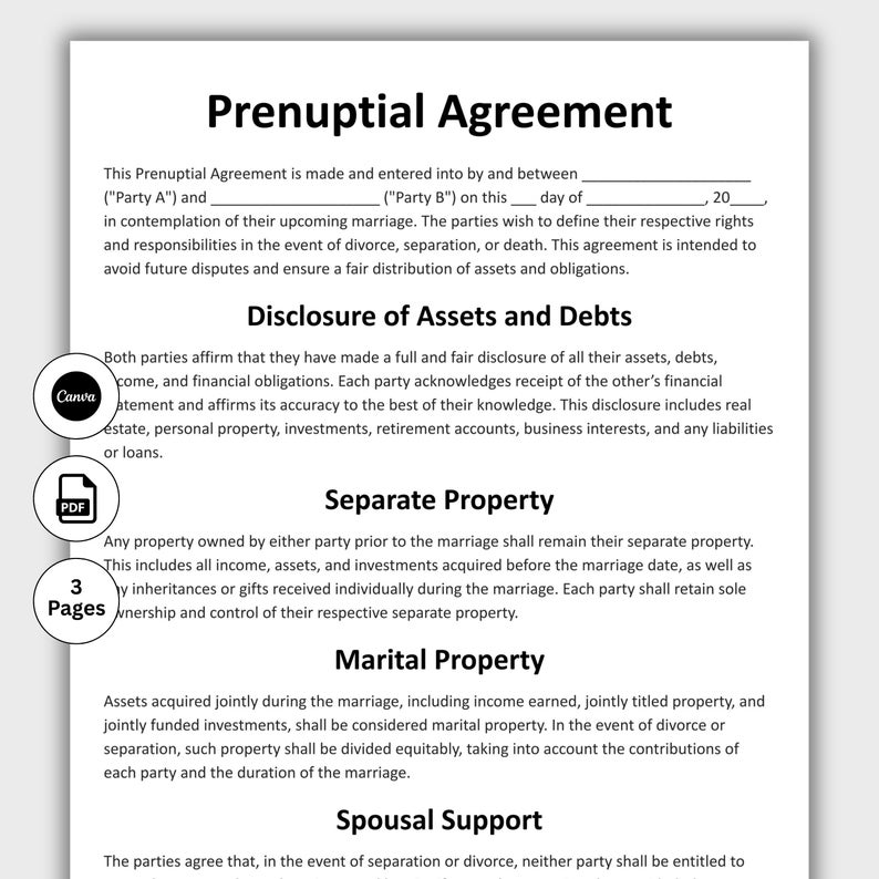 Prenuptial Agreement, Customizable Prenup Form Template, Printable Financial Disclosure ...