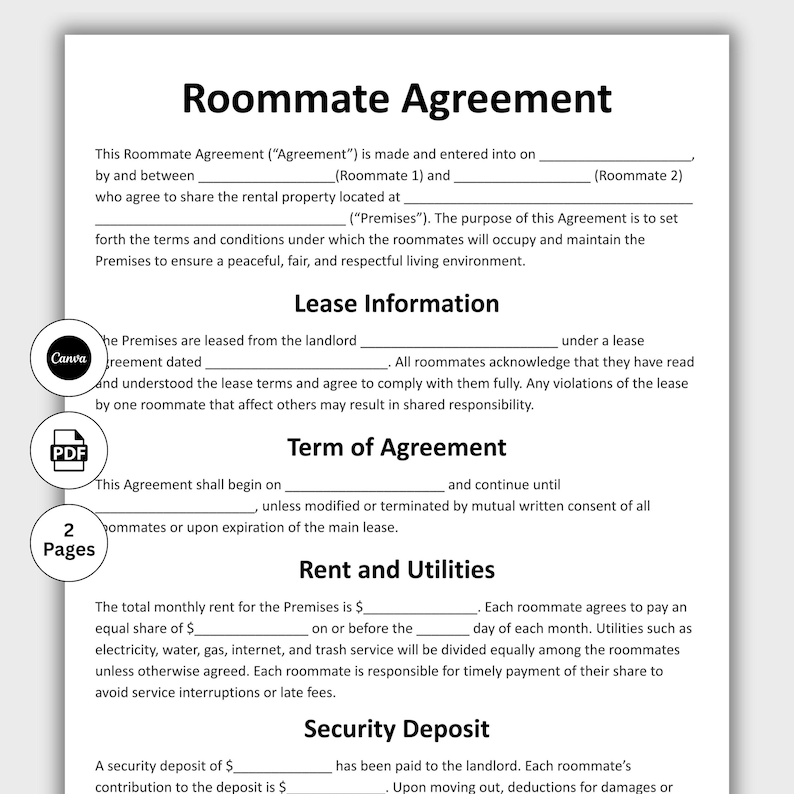 Roommate Agreement, Customizable Roommate Rental Contract Form Template ...