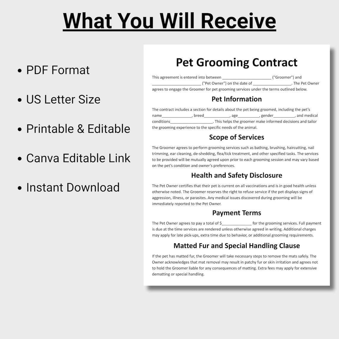 Pet Grooming Contract, Customizable Dog Cat Grooming Form Template ...