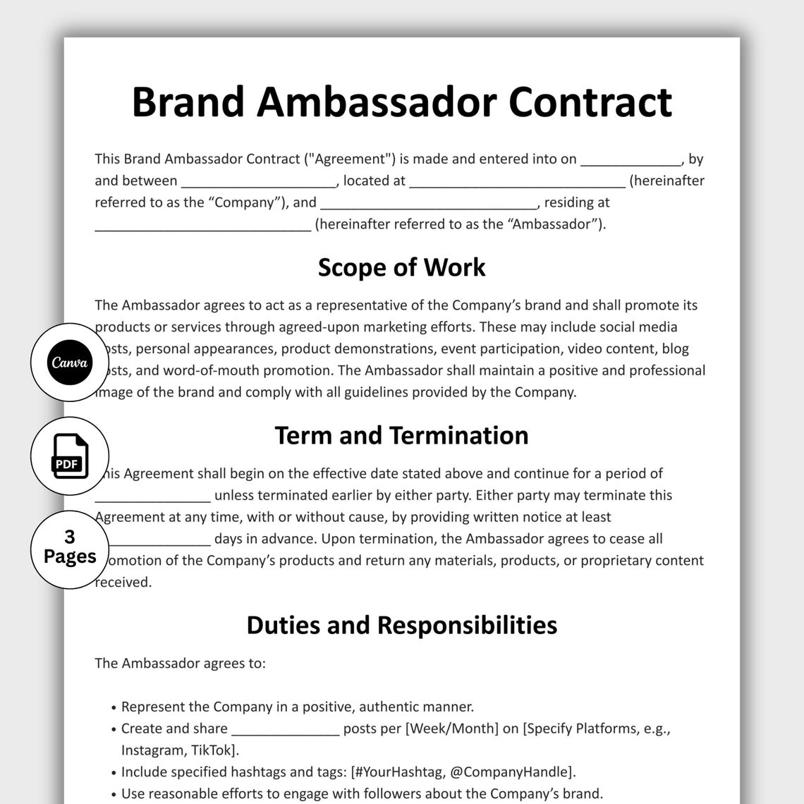 Brand Ambassador Contract, Customizable Social Media Agreement Form ...