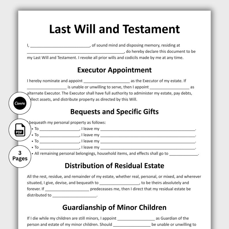 Last Will and Testament, Customizable Testament Form Template ...