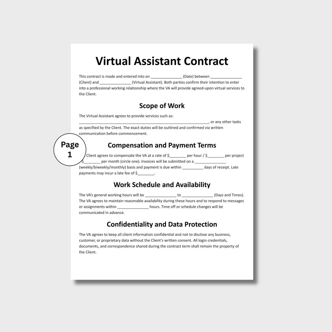 Virtual Assistant Contract, Customizable Freelance Assistant Agreement ...