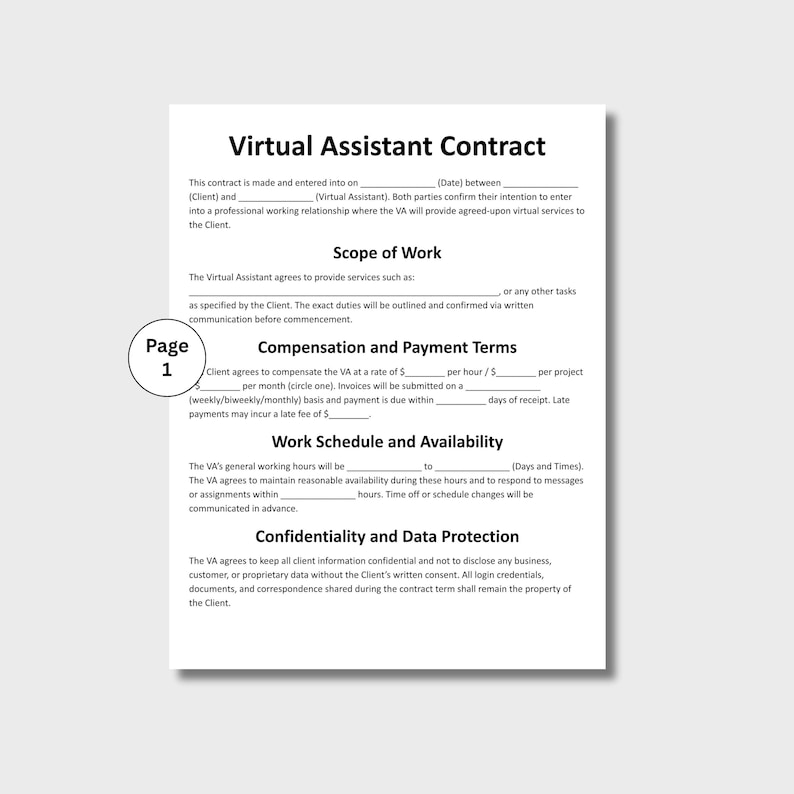 Virtual Assistant Contract, Customizable Freelance Assistant Agreement ...