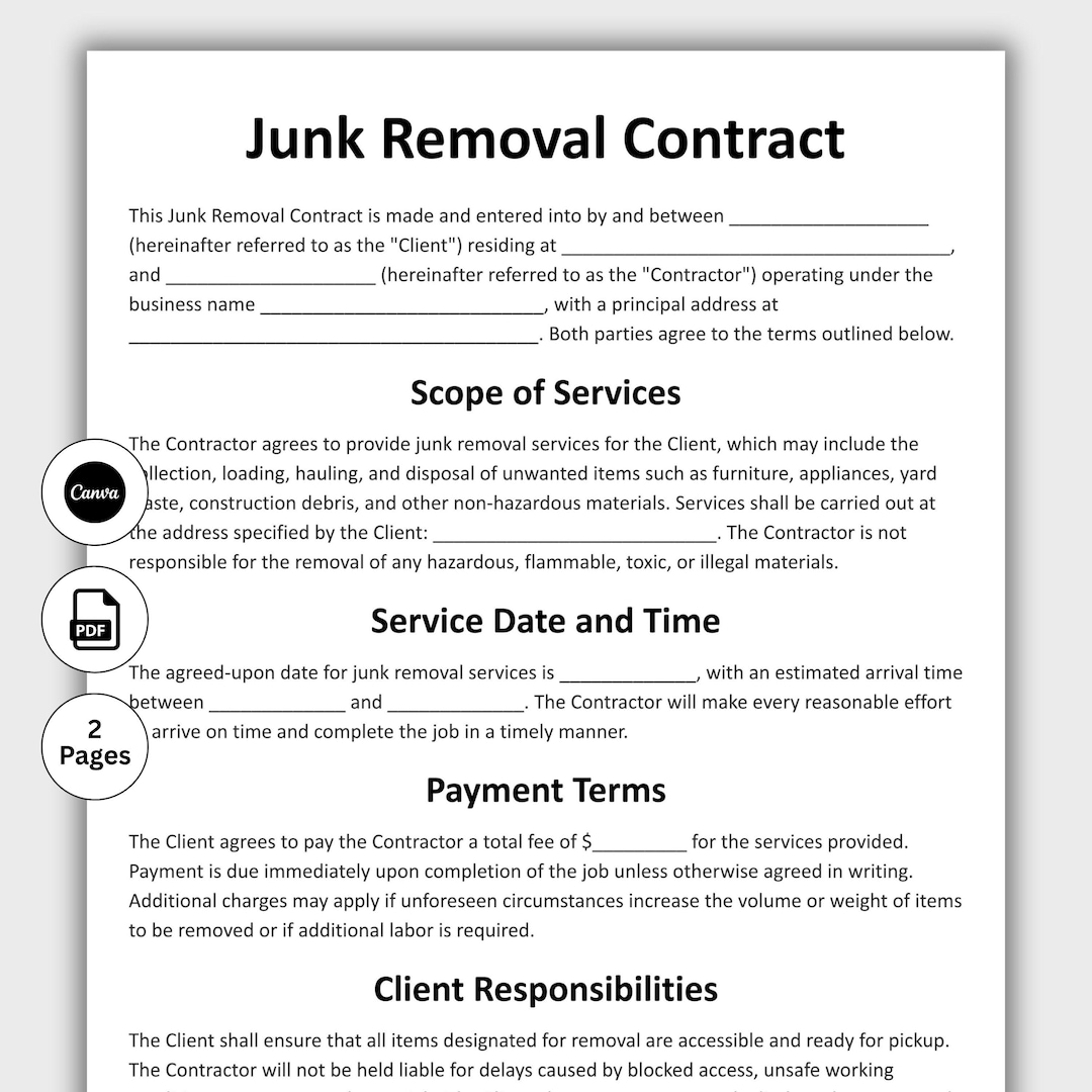 Junk Removal Contract, Customizable Trash Removal Form Template ...