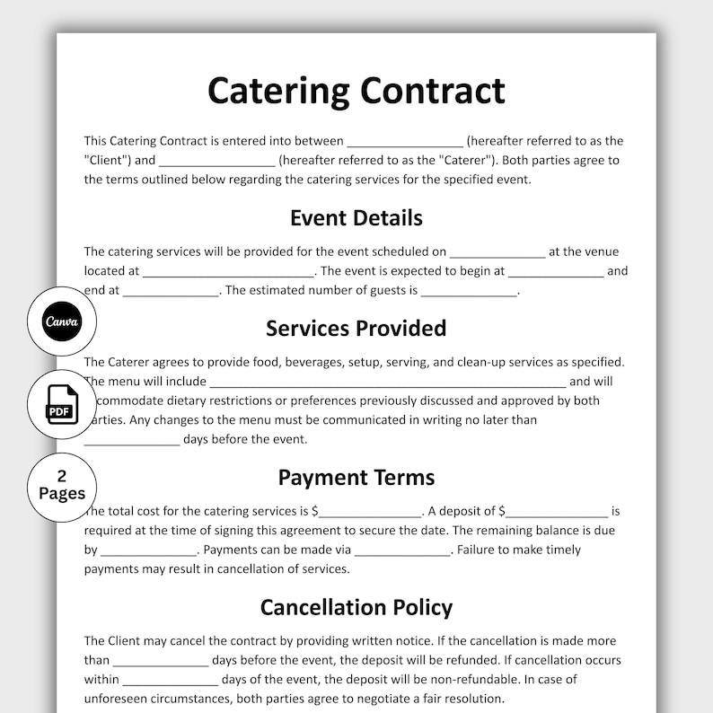 Catering Contract, Customizable Catering Service Agreement Template ...