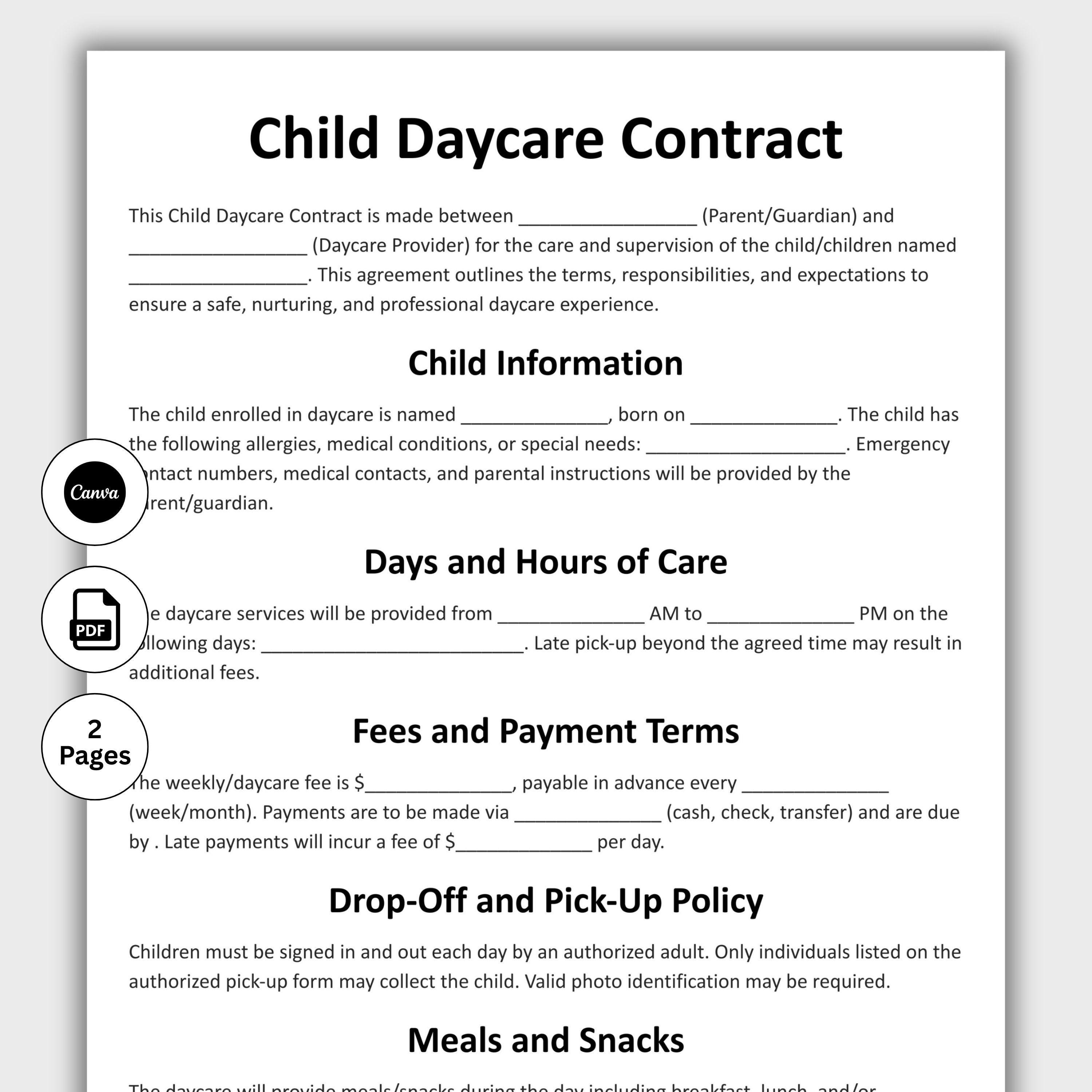 Child Daycare Contract, Customizable Daycare Paperwork Form Template ...