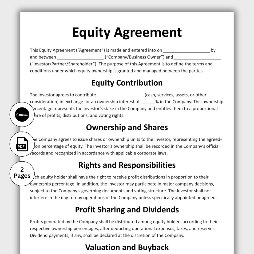 Equity Agreement, Customizable Shareholder Contract Form Template ...