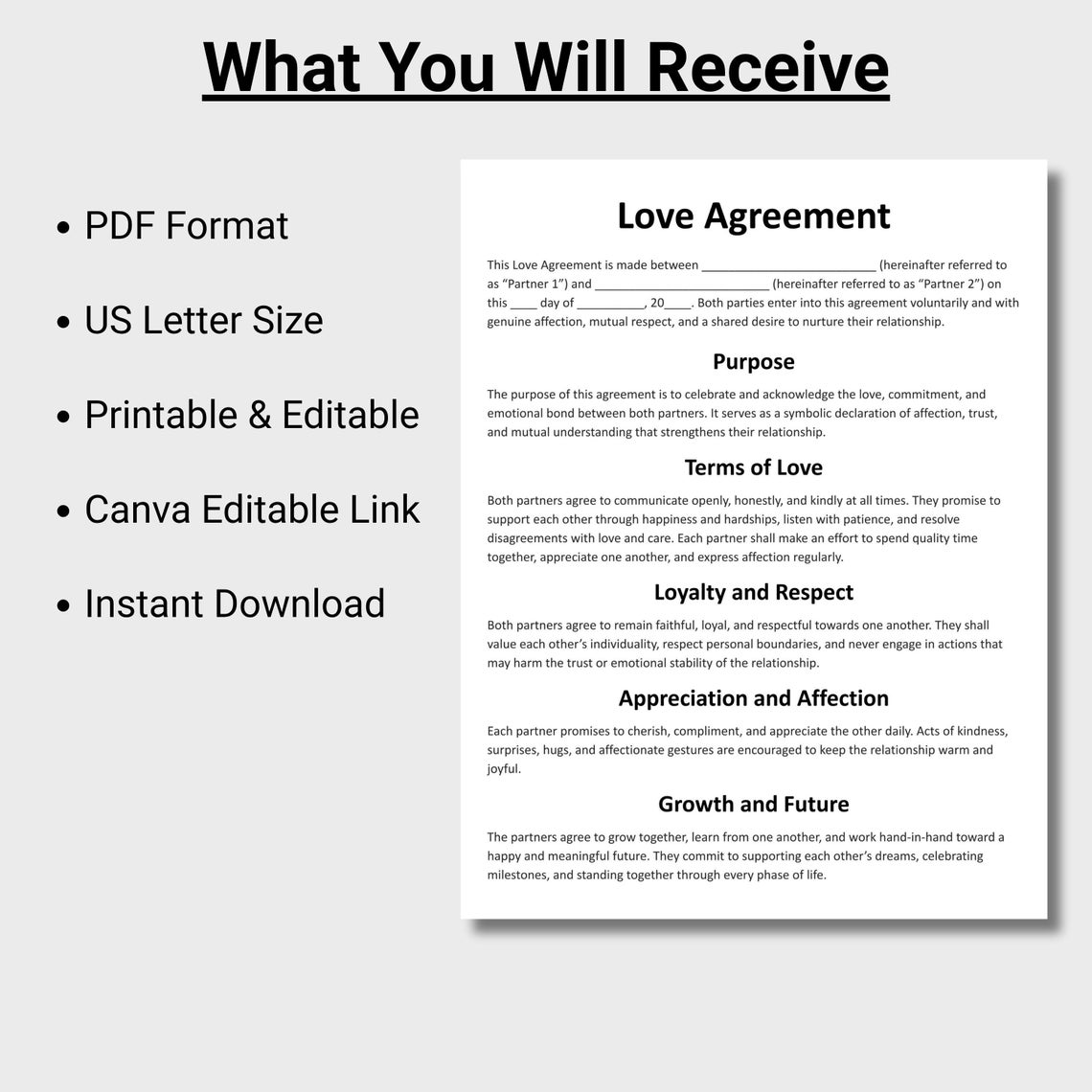Love Agreement, Customizable Relationship Responsibilities Form ...