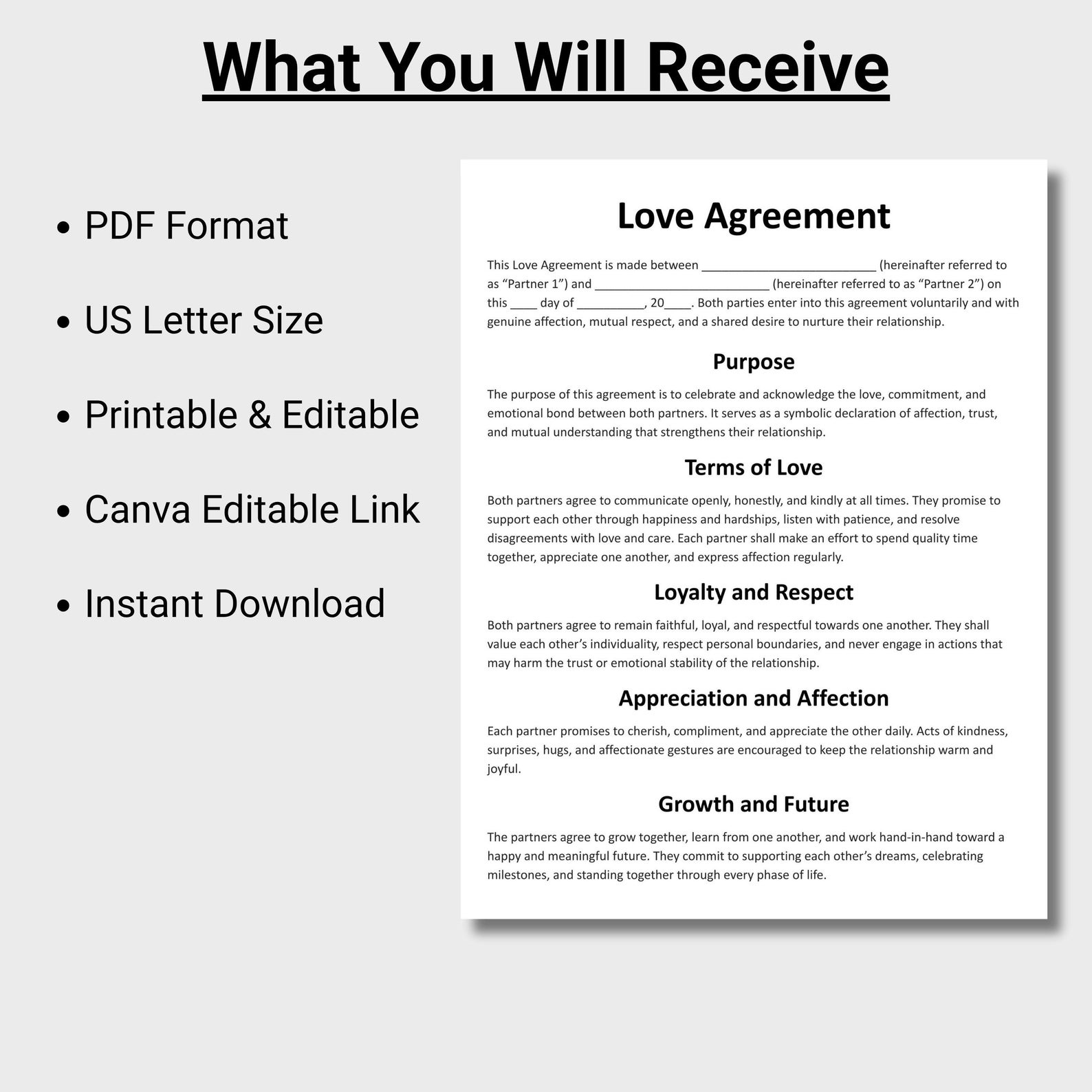 Love Agreement, Customizable Relationship Responsibilities Form ...