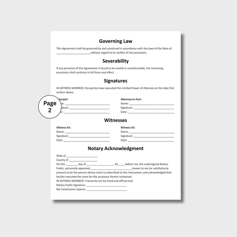 Limited Power of Attorney, Customizable Standard POA Form Template ...