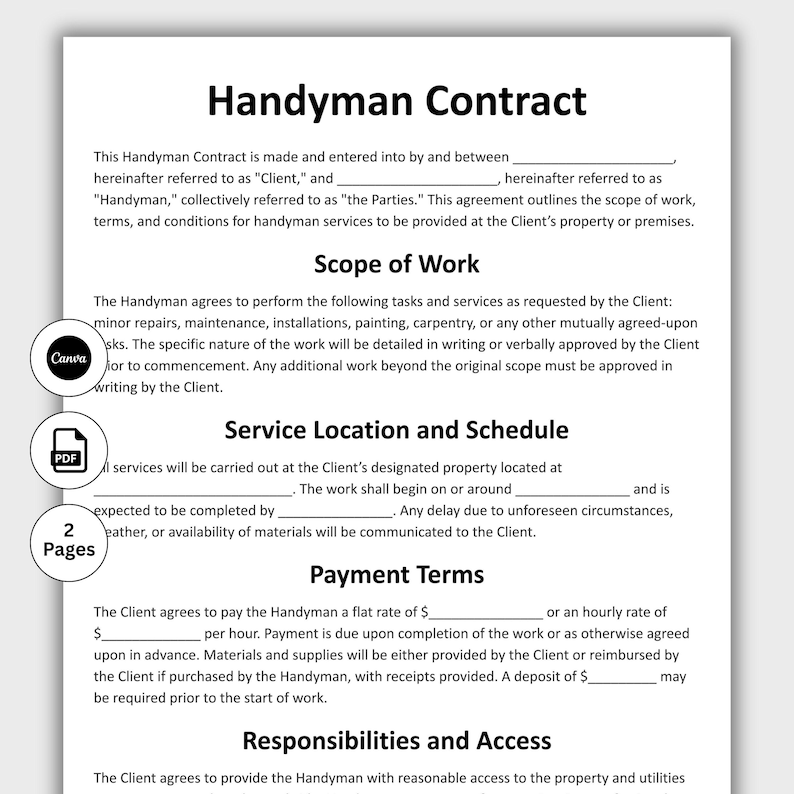 Handyman Contract, Customizable General Construction Contract Form ...