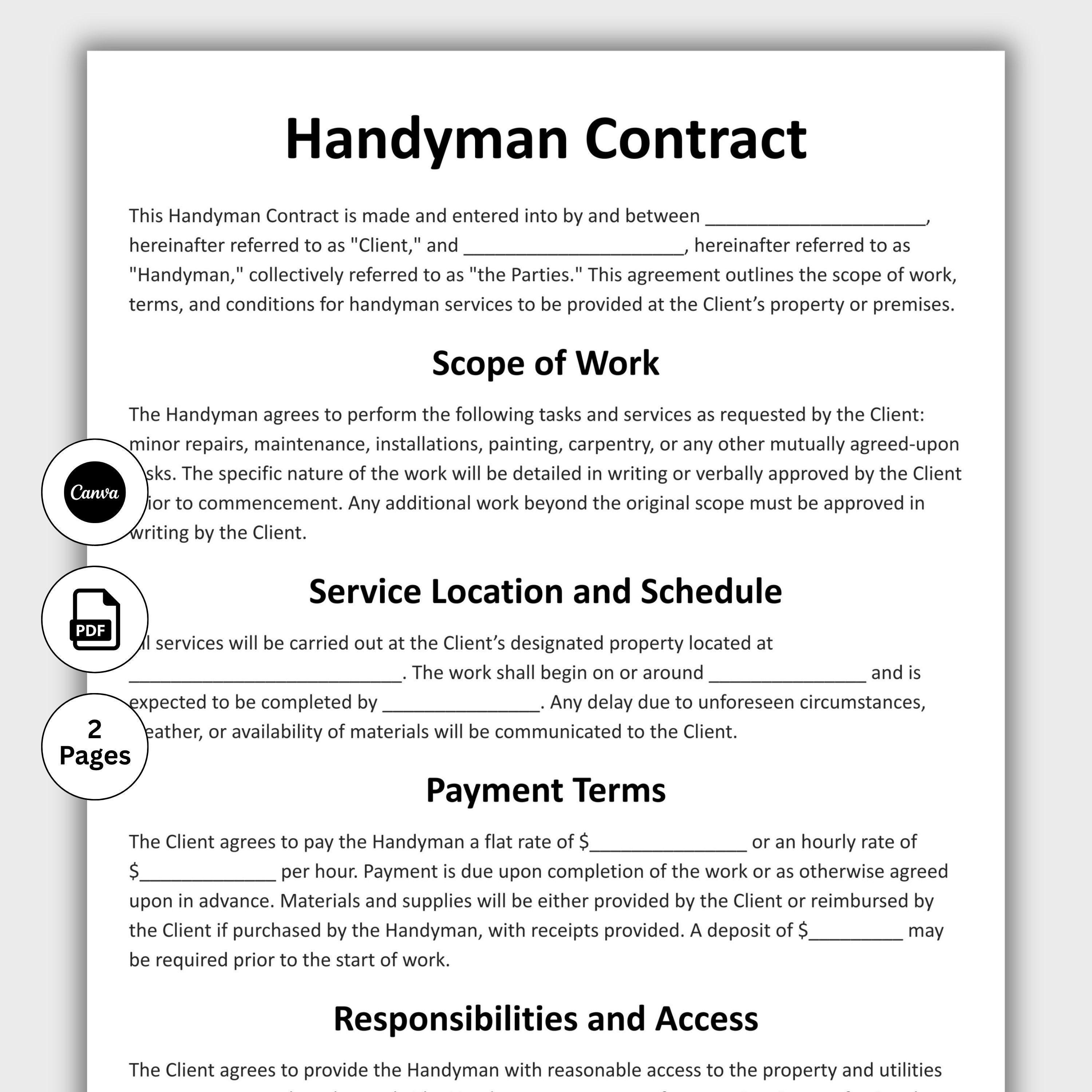 Handyman Contract, Customizable General Construction Contract Form Template, Printable Handyman ...
