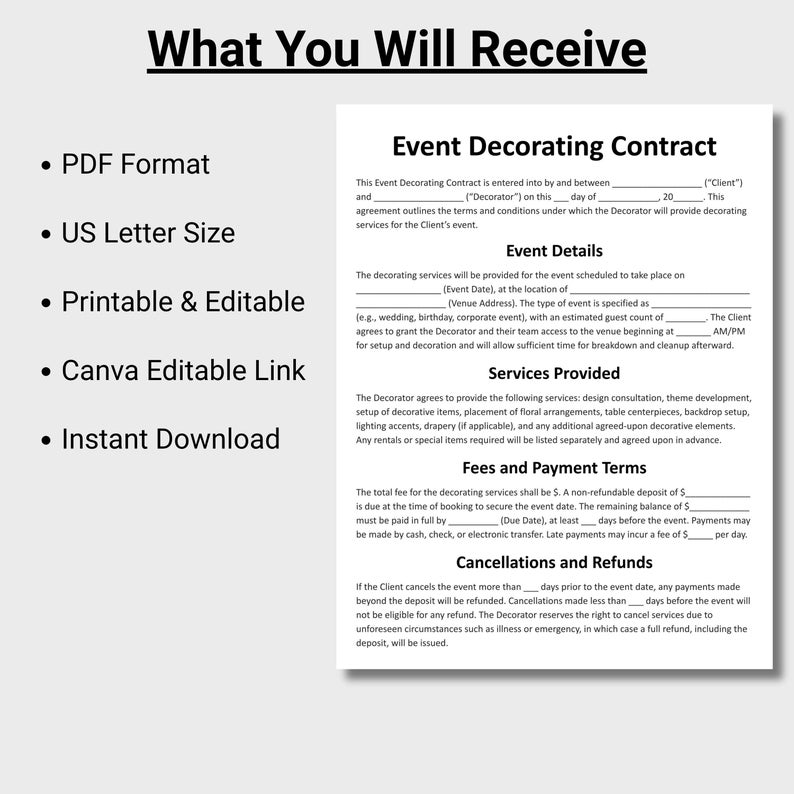 Event Decorating Contract, Customizable Event Planning Service Form ...