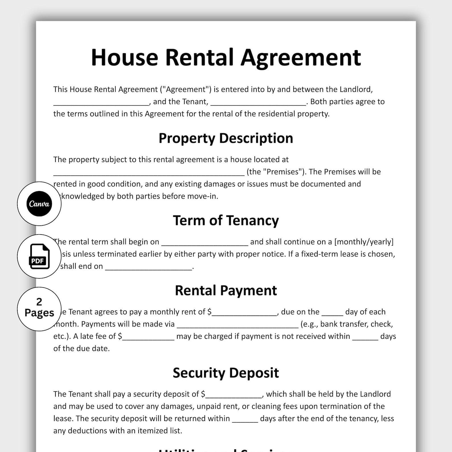 House Rental Agreement, Customizable Landlord Form Template, Printable ...
