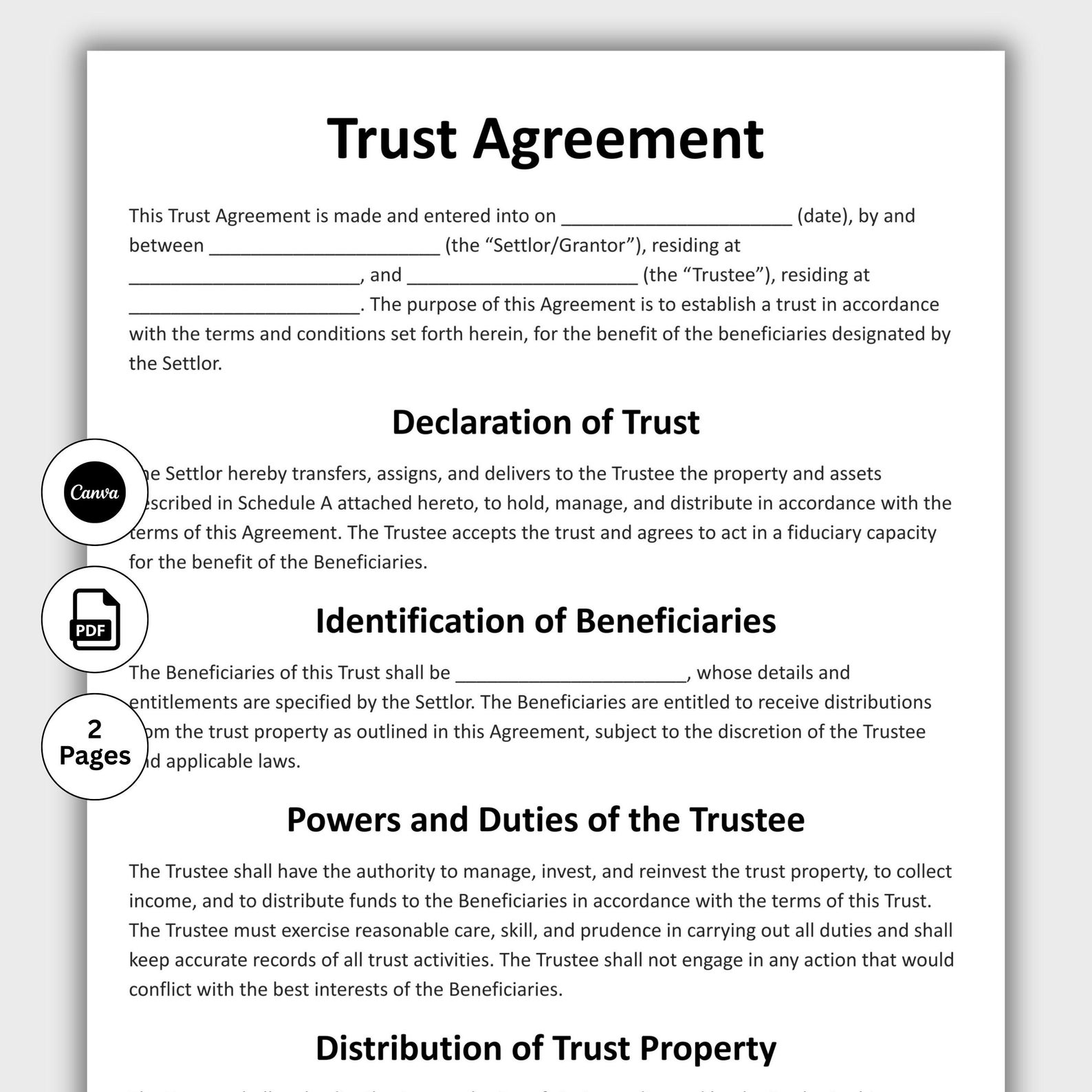 Trust Agreement, Customizable Beneficiary Form Template, Printable Trust Document, Trust ...