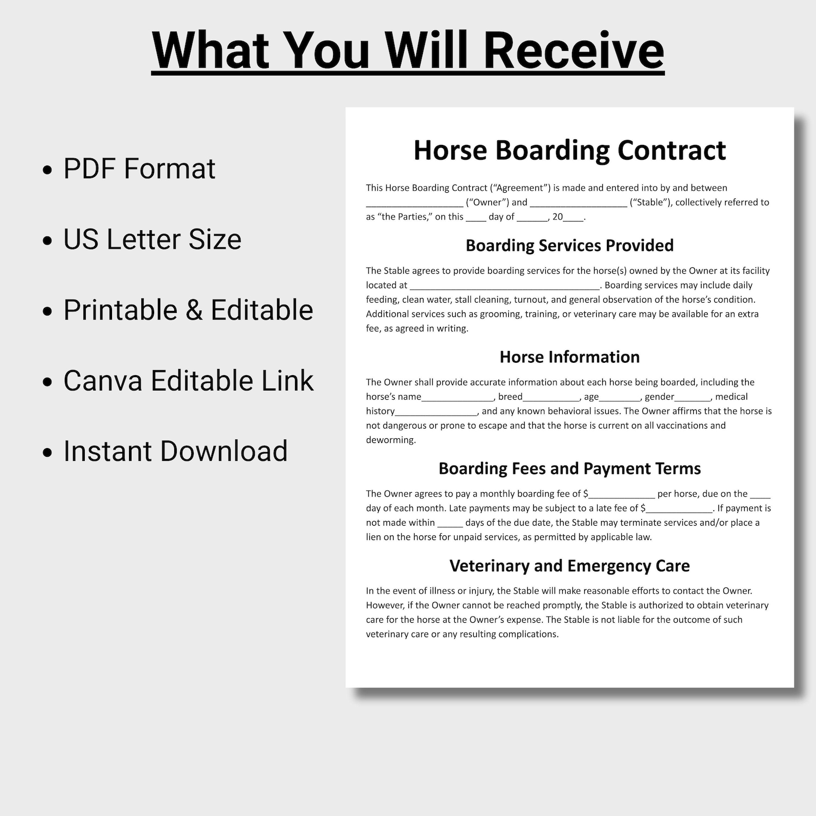 Horse Boarding Contract, Customizable Equine Boarding Agreement Form ...