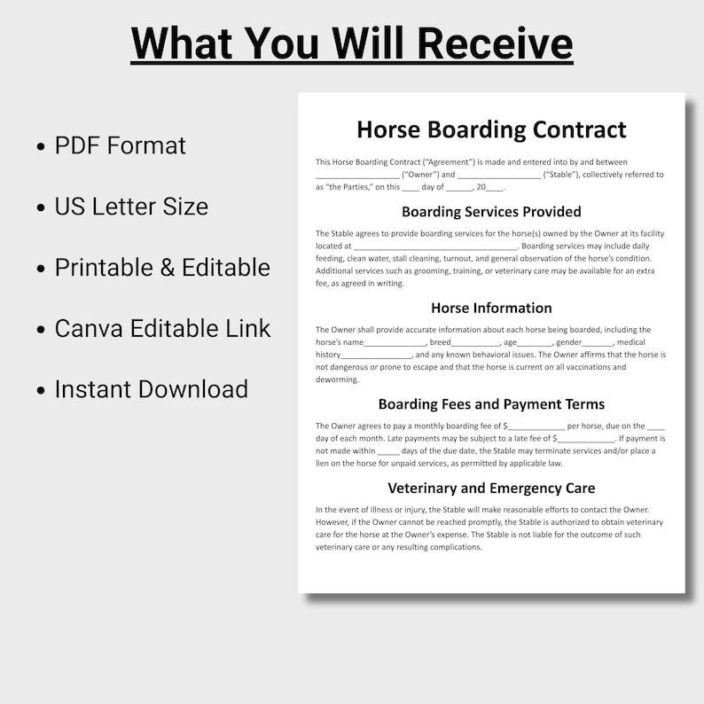 Horse Boarding Contract, Customizable Equine Boarding Agreement Form ...